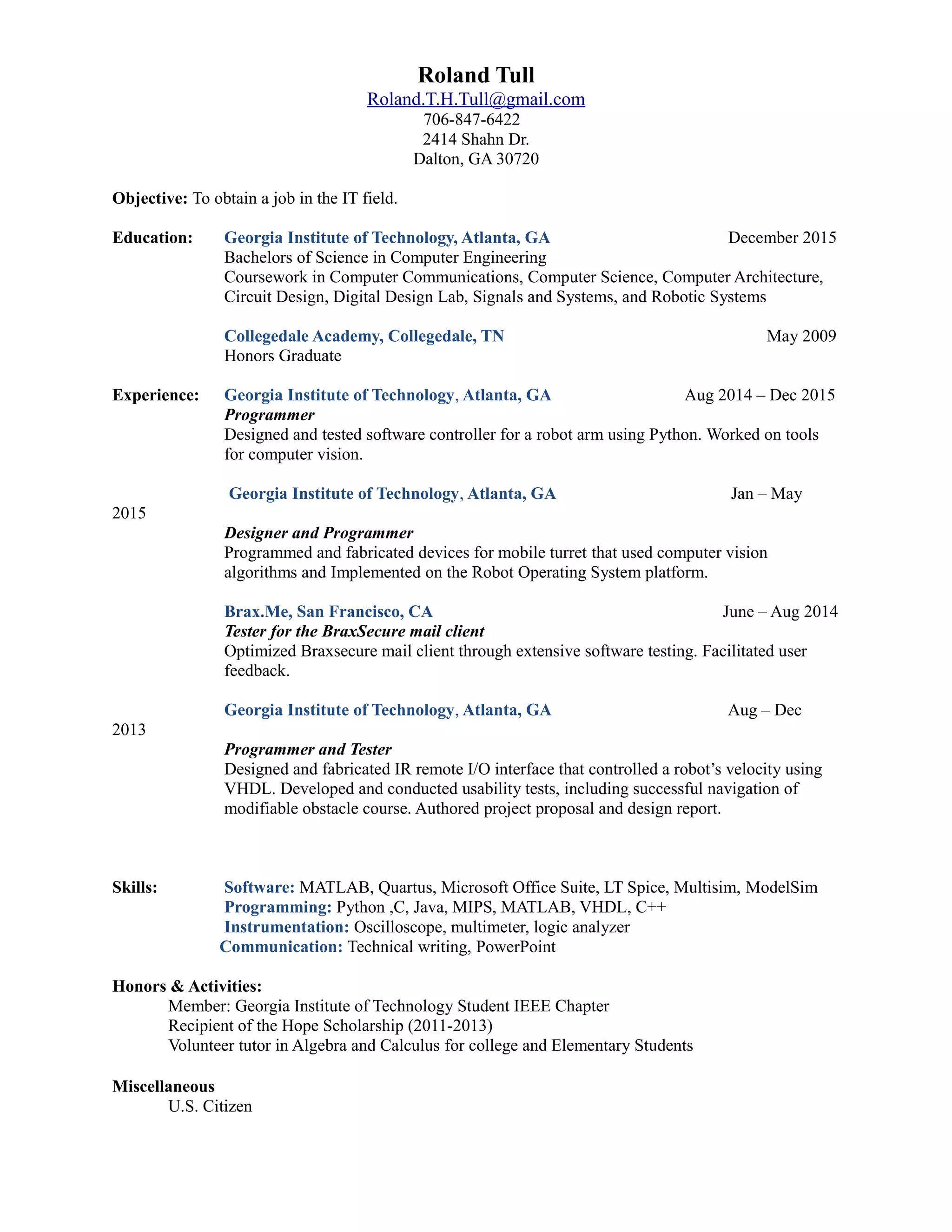 Job Resume | ODT | Robotics | Technology & Computing