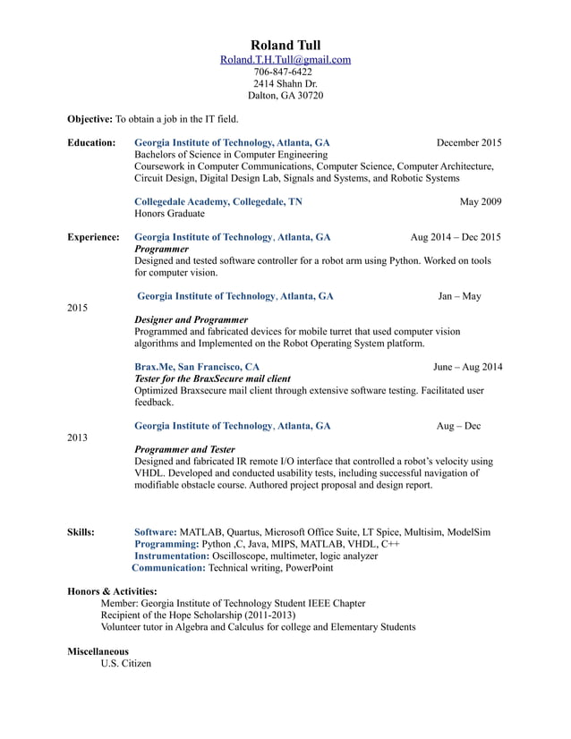 Job Resume | ODT | Robotics | Technology & Computing