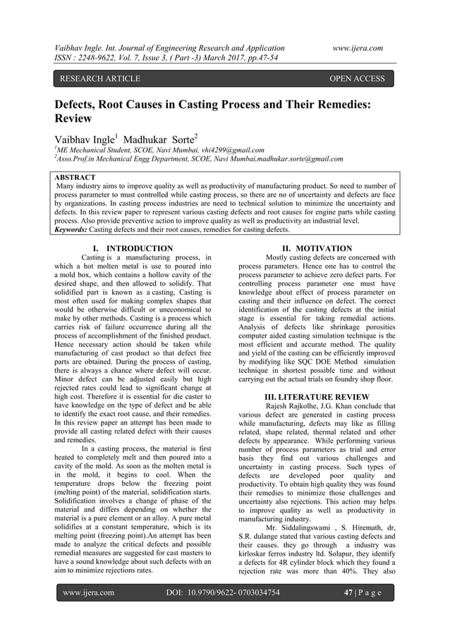 Defects, Root Causes in Casting Process and Their Remedies: Review | PDF