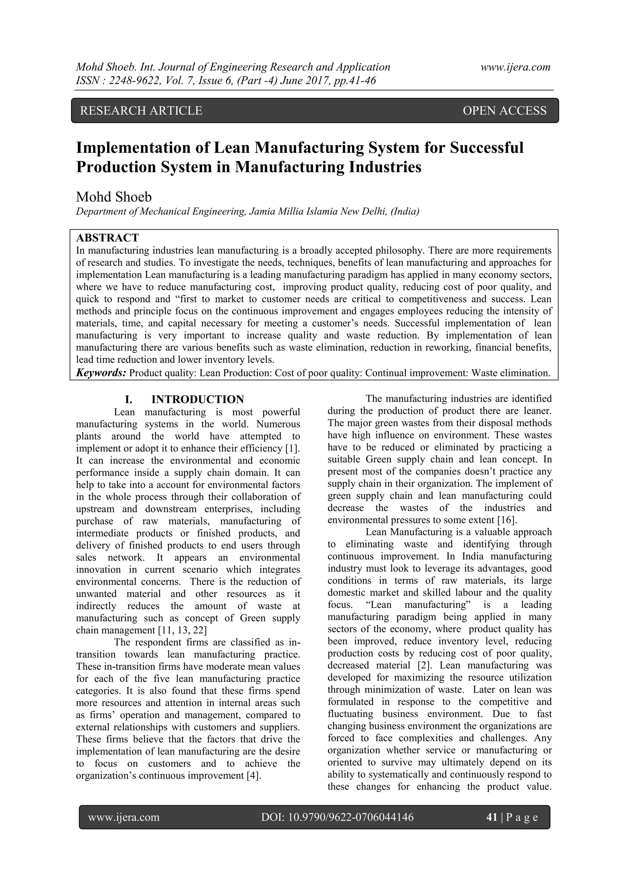 Implementation of Lean Manufacturing System for Successful Production System in Manufacturing ...