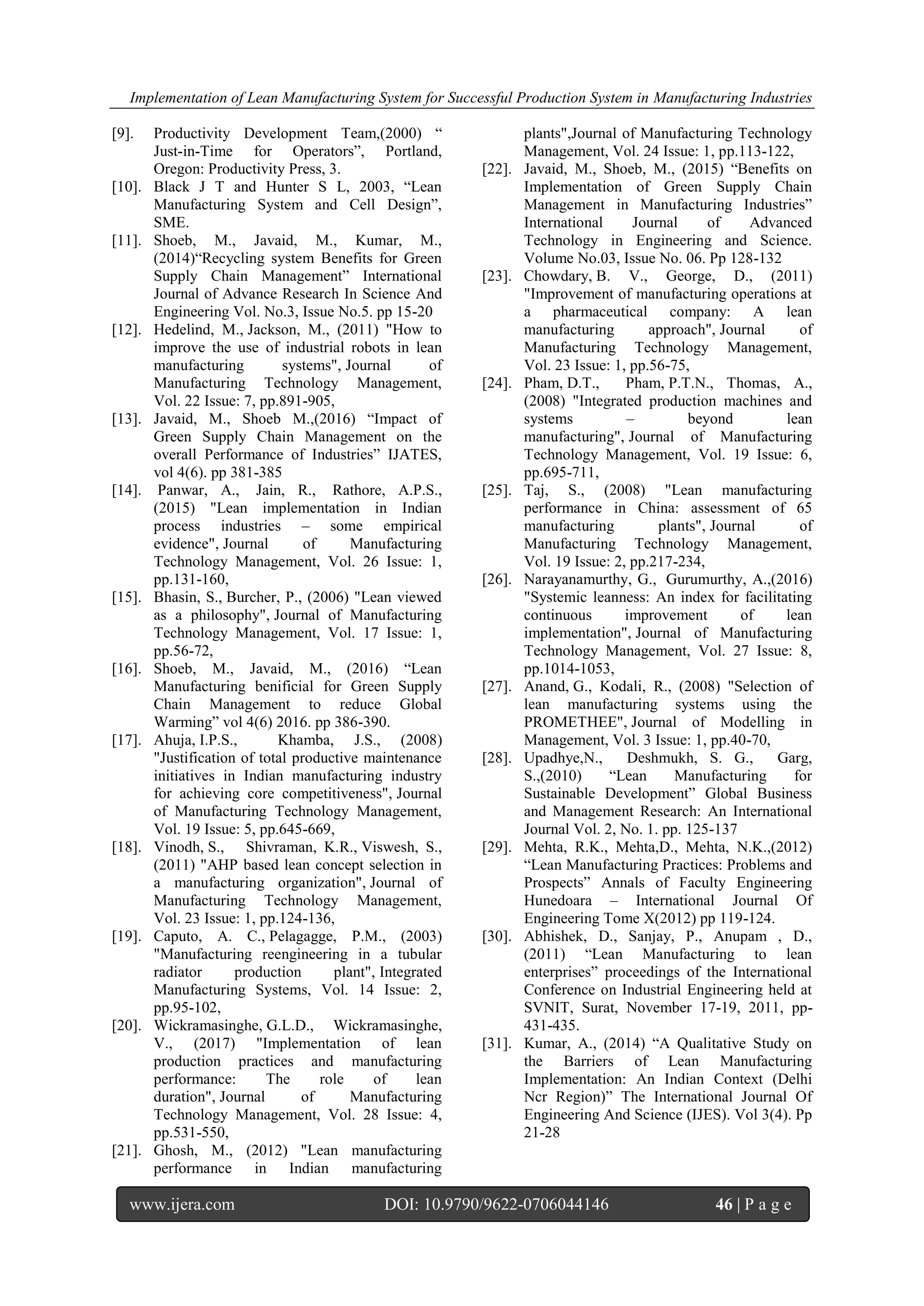 Implementation of Lean Manufacturing System for Successful Production System in Manufacturing ...