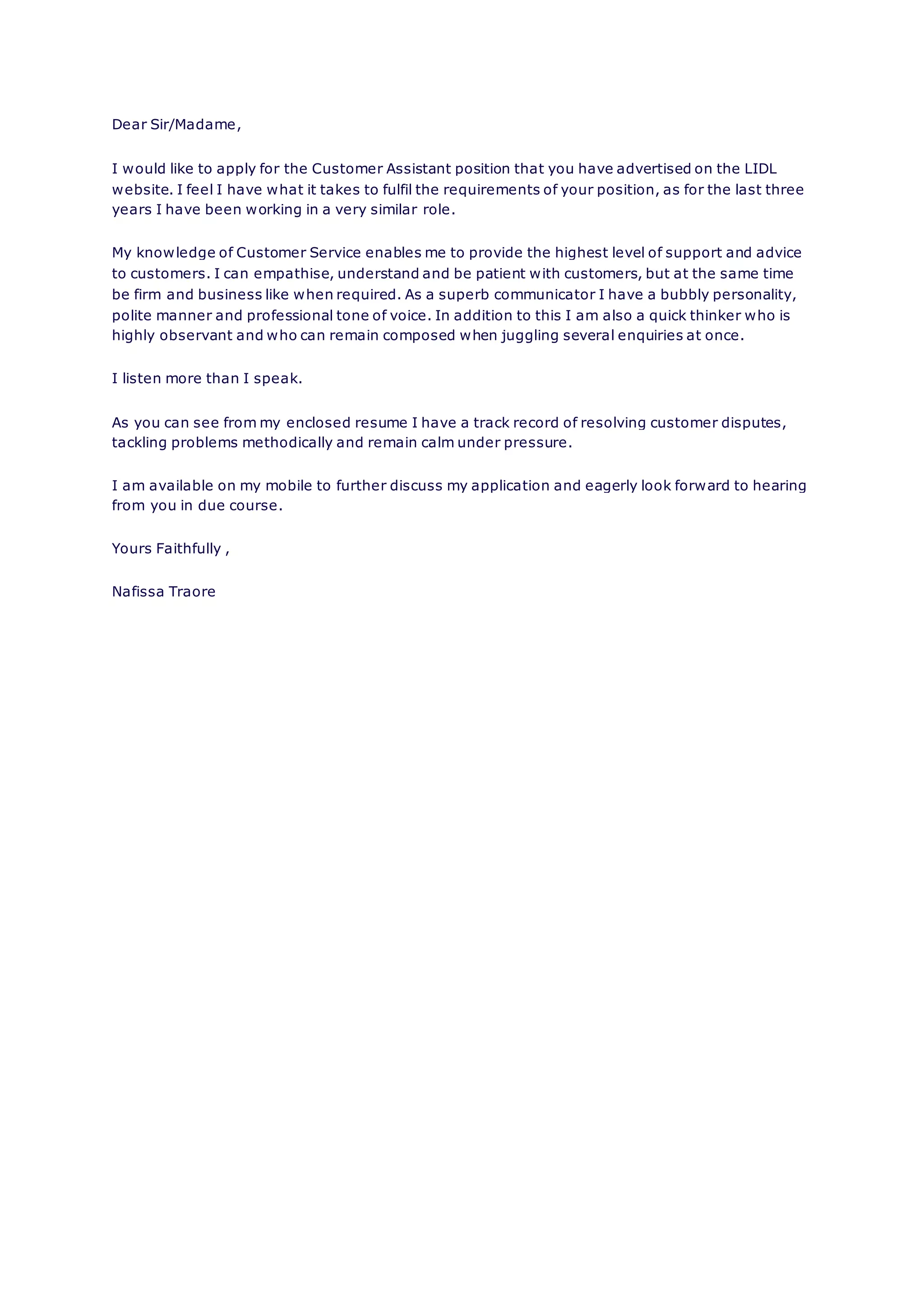 Cover Letter Customer Assistant | DOCX
