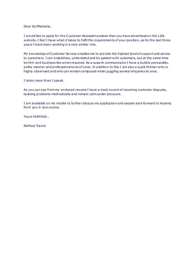 Cover Letter Customer Assistant Cover Letter Customer Assistant