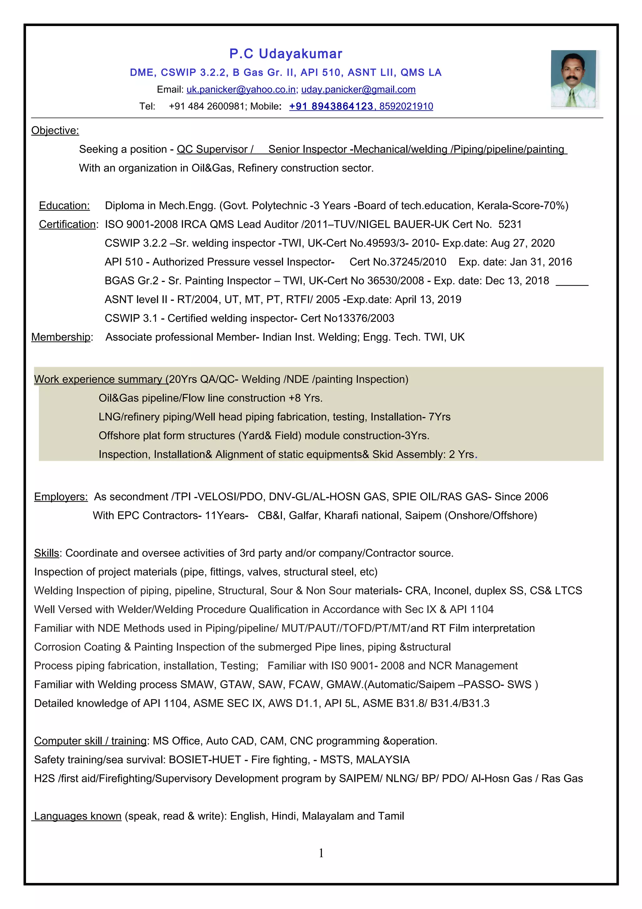 Resume - Sr.QC Inspector-Mech.welding-painting-piping-pipeline | DOC