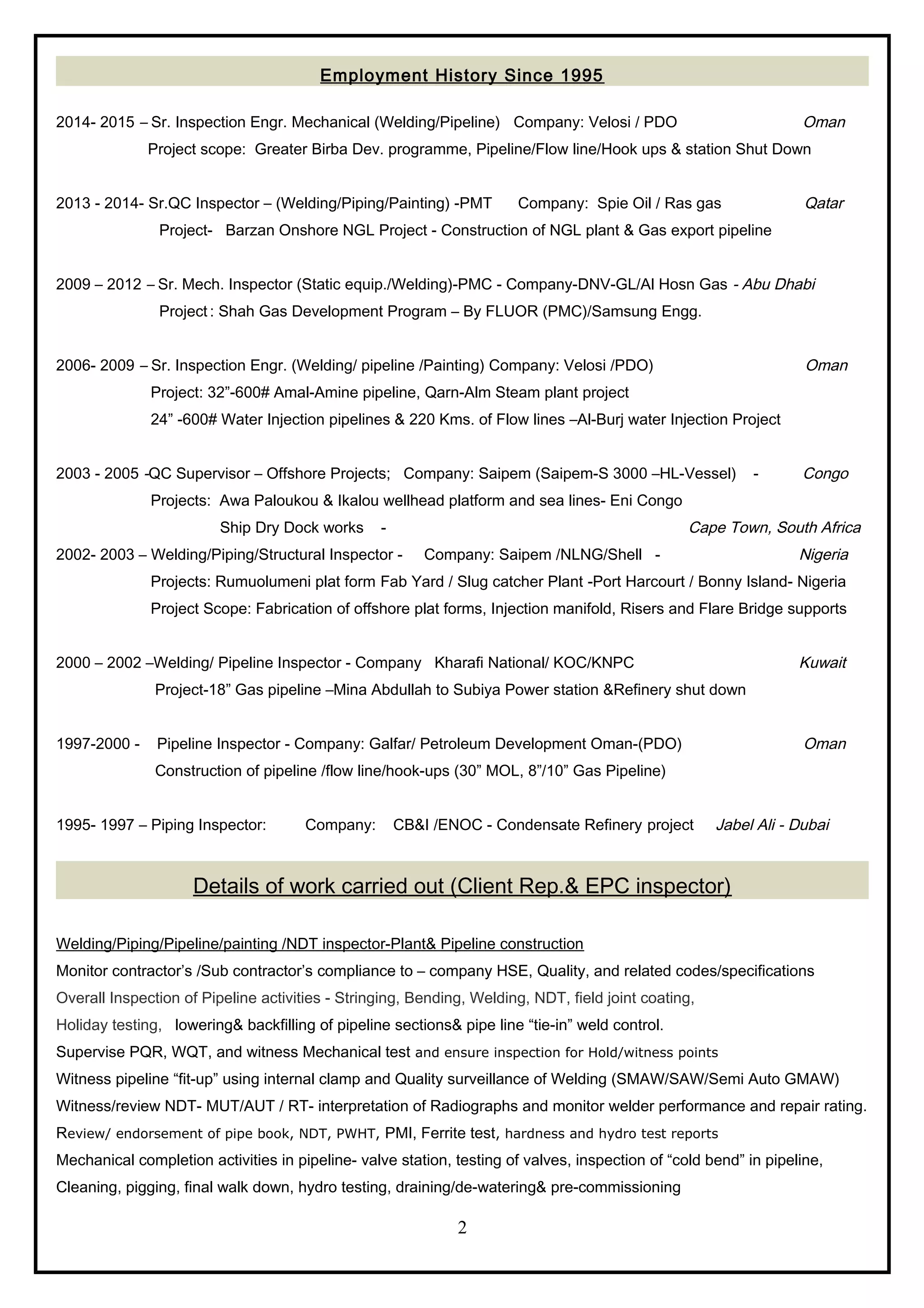 Resume - Sr.QC Inspector-Mech.welding-painting-piping-pipeline | DOC