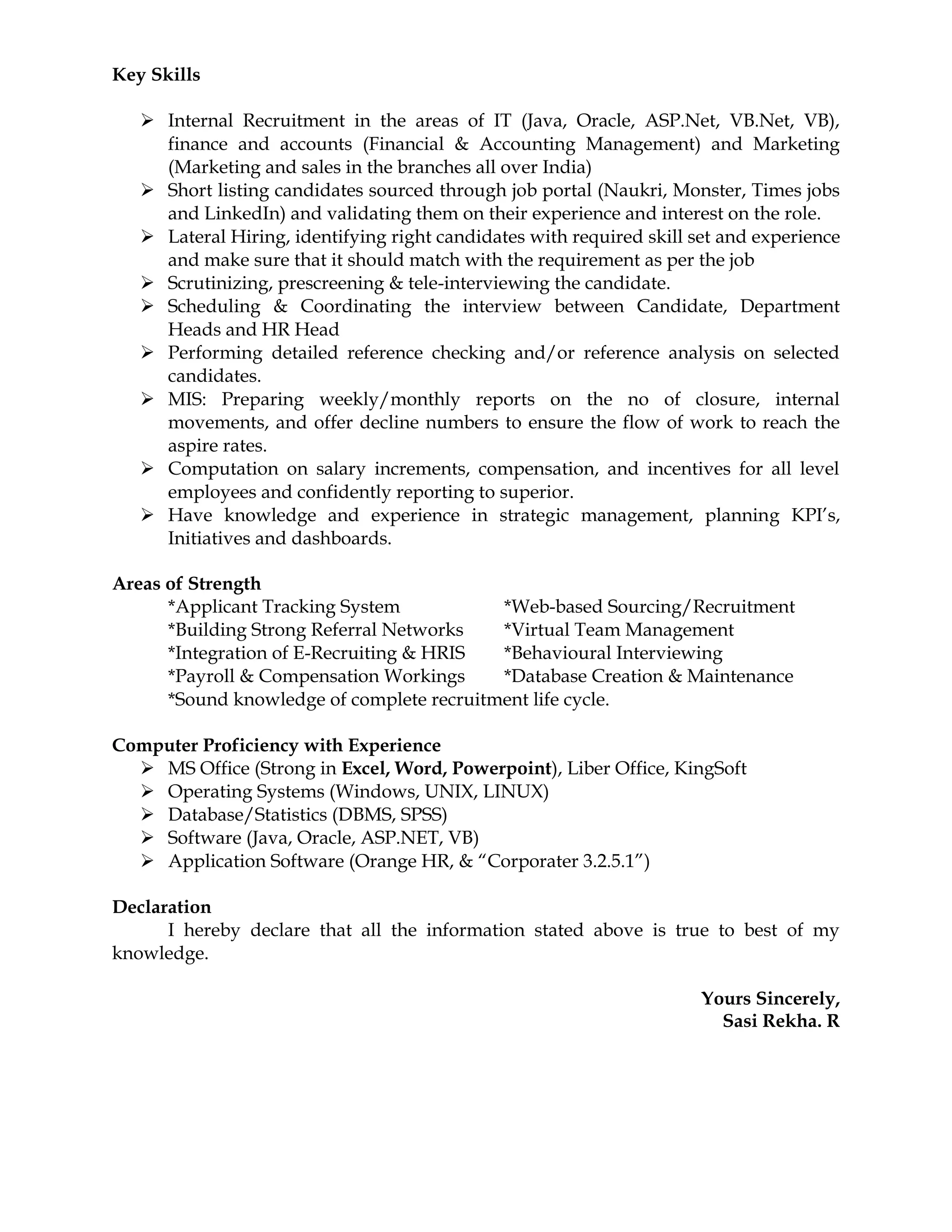 Sasi Rekha, HR Executive | PDF