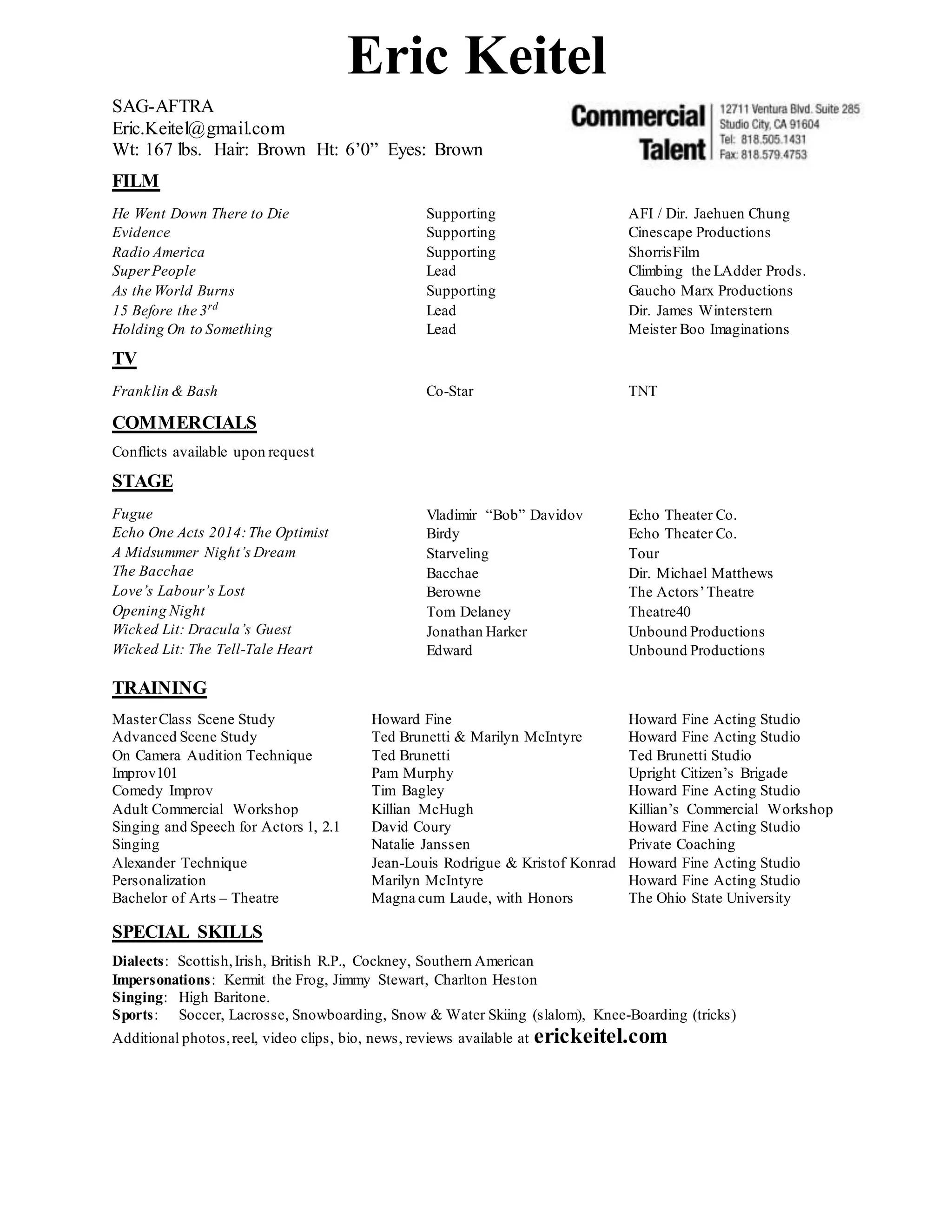 Eric Keitel - Actor Resume 2015 | DOCX