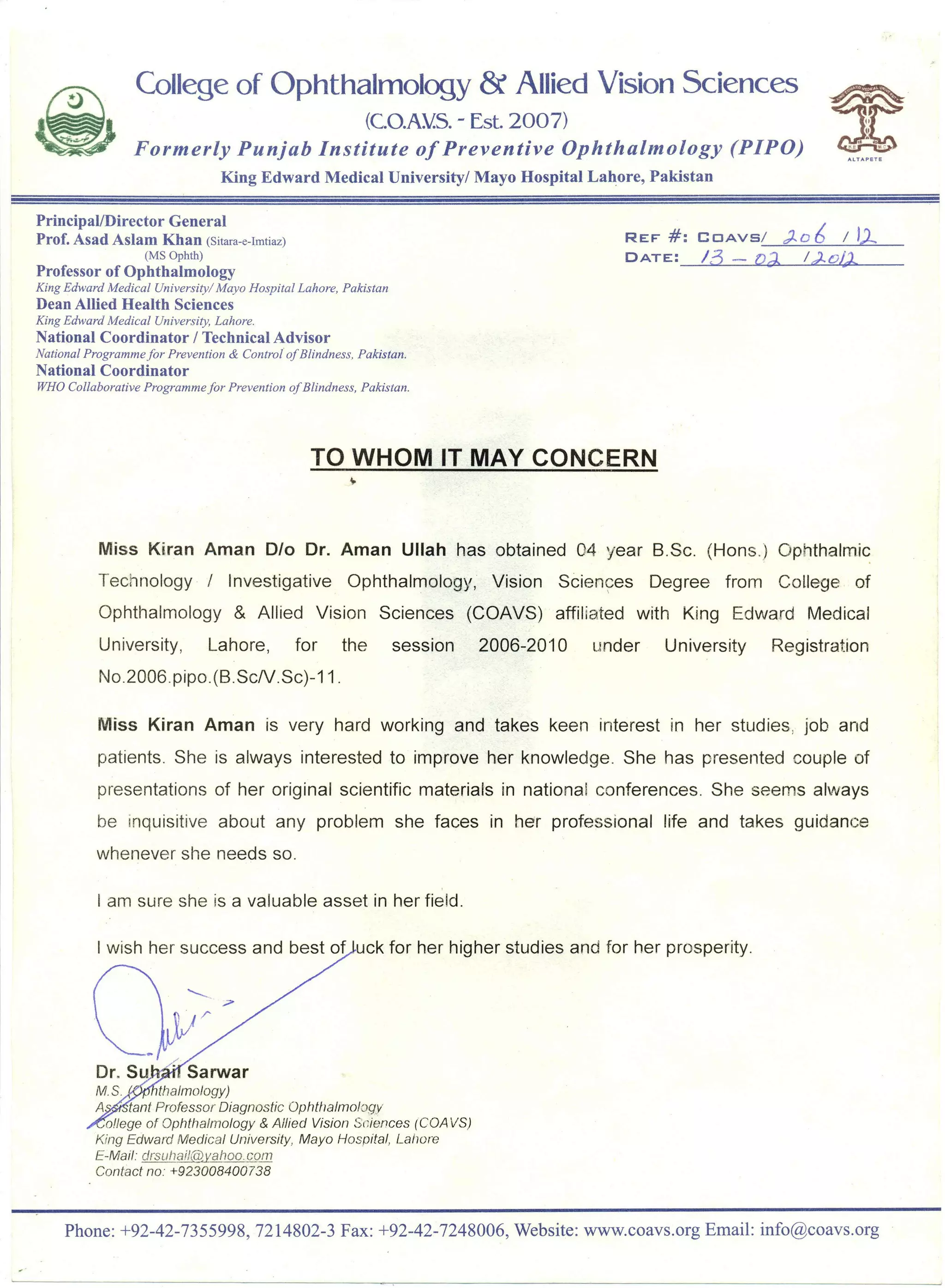 Reference Letter-Assissant Prof. Dr Suhail Sarwar-KEMU | PDF