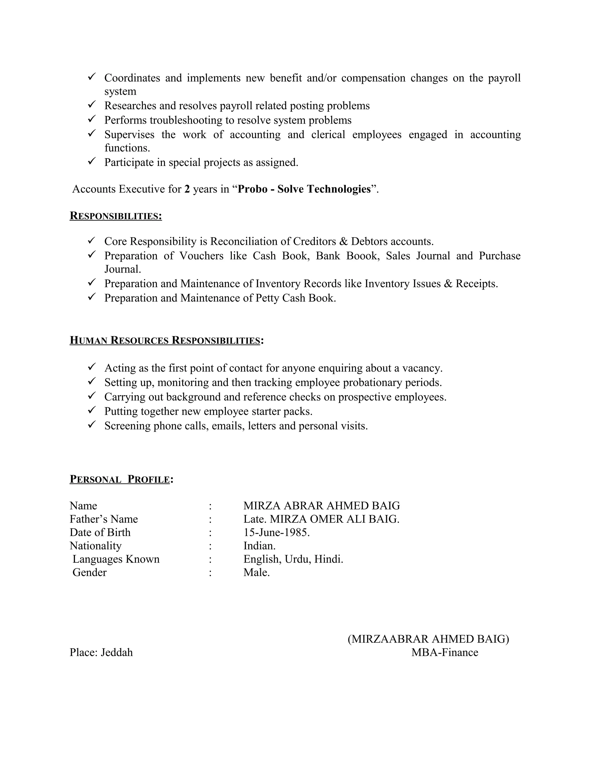 Mirza Abrar Ahmed Baig CV | DOC