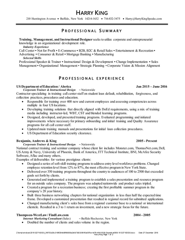 Harry King Corporate Trainer Resume | DOCX