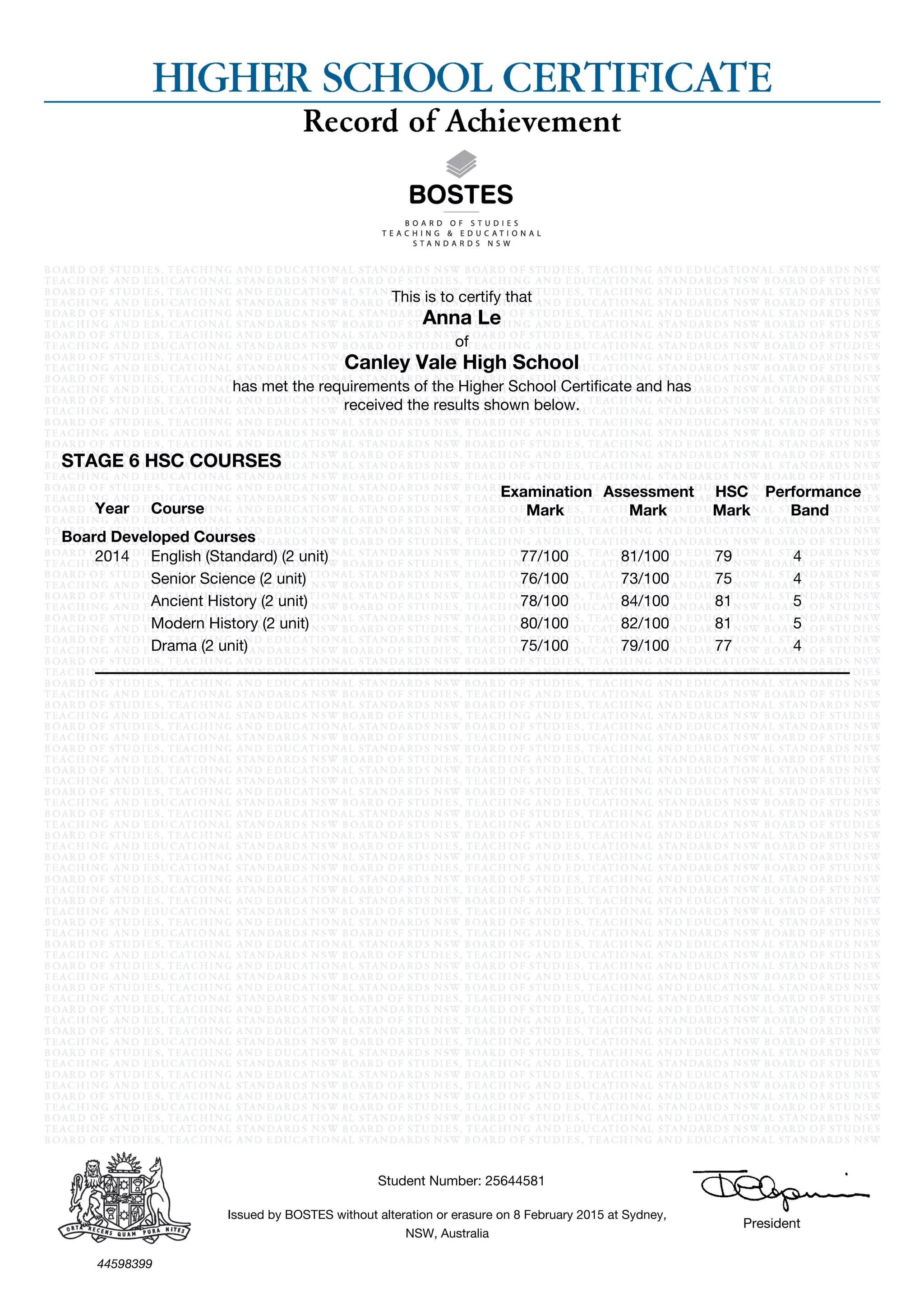 Higher School Certificate Record Of Achievement | PDF