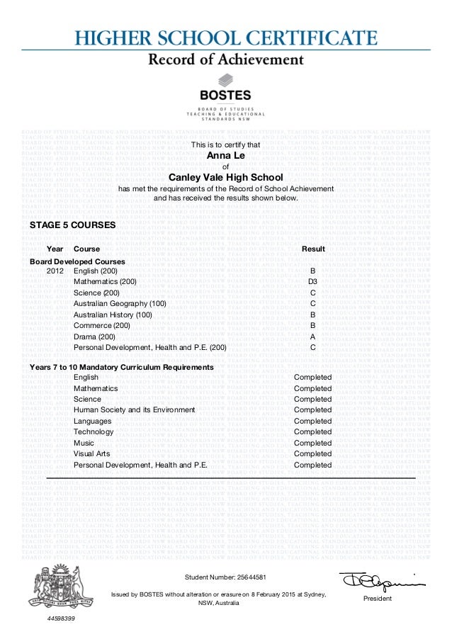 Higher School Certificate Record Of Achievement