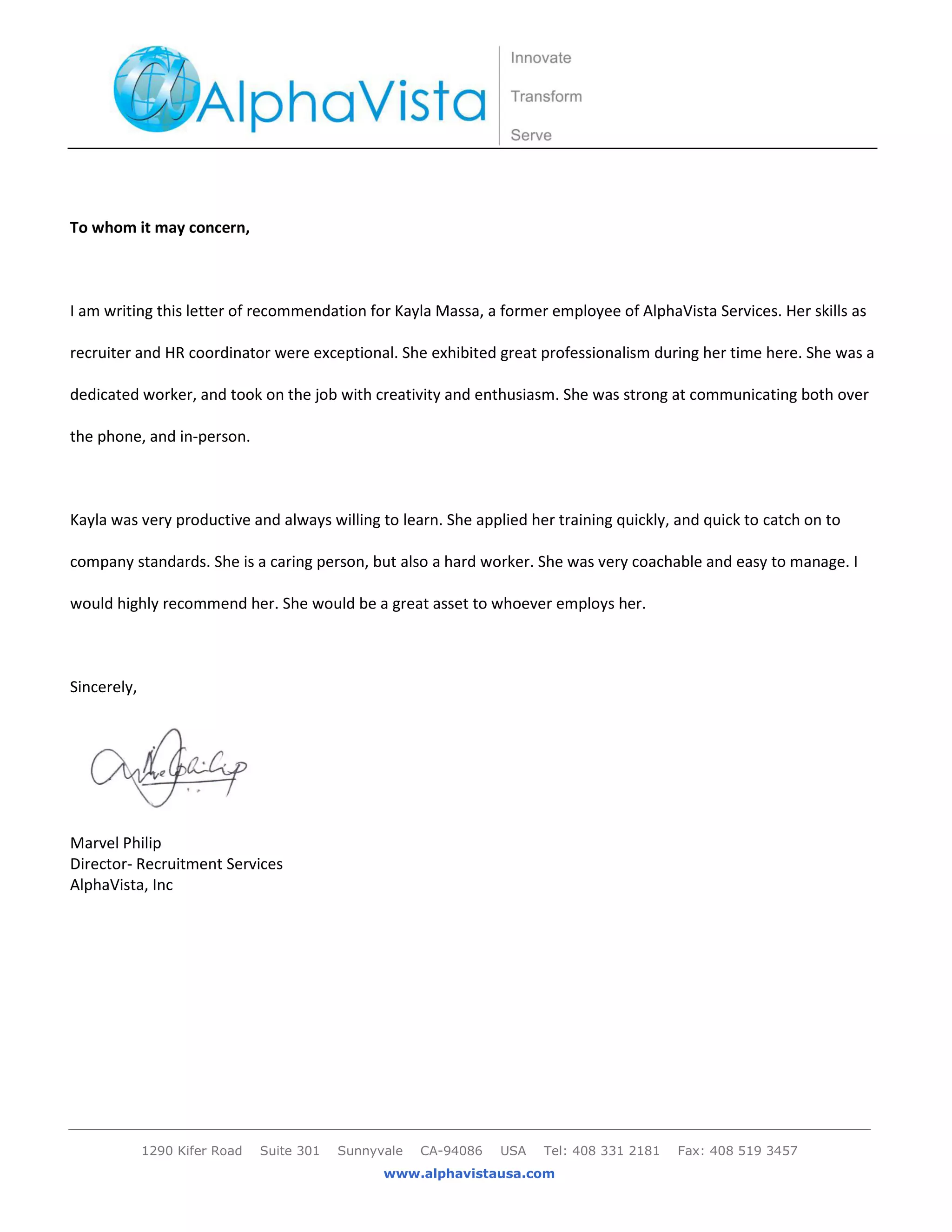 AlphaVista Recommendation letter | PDF