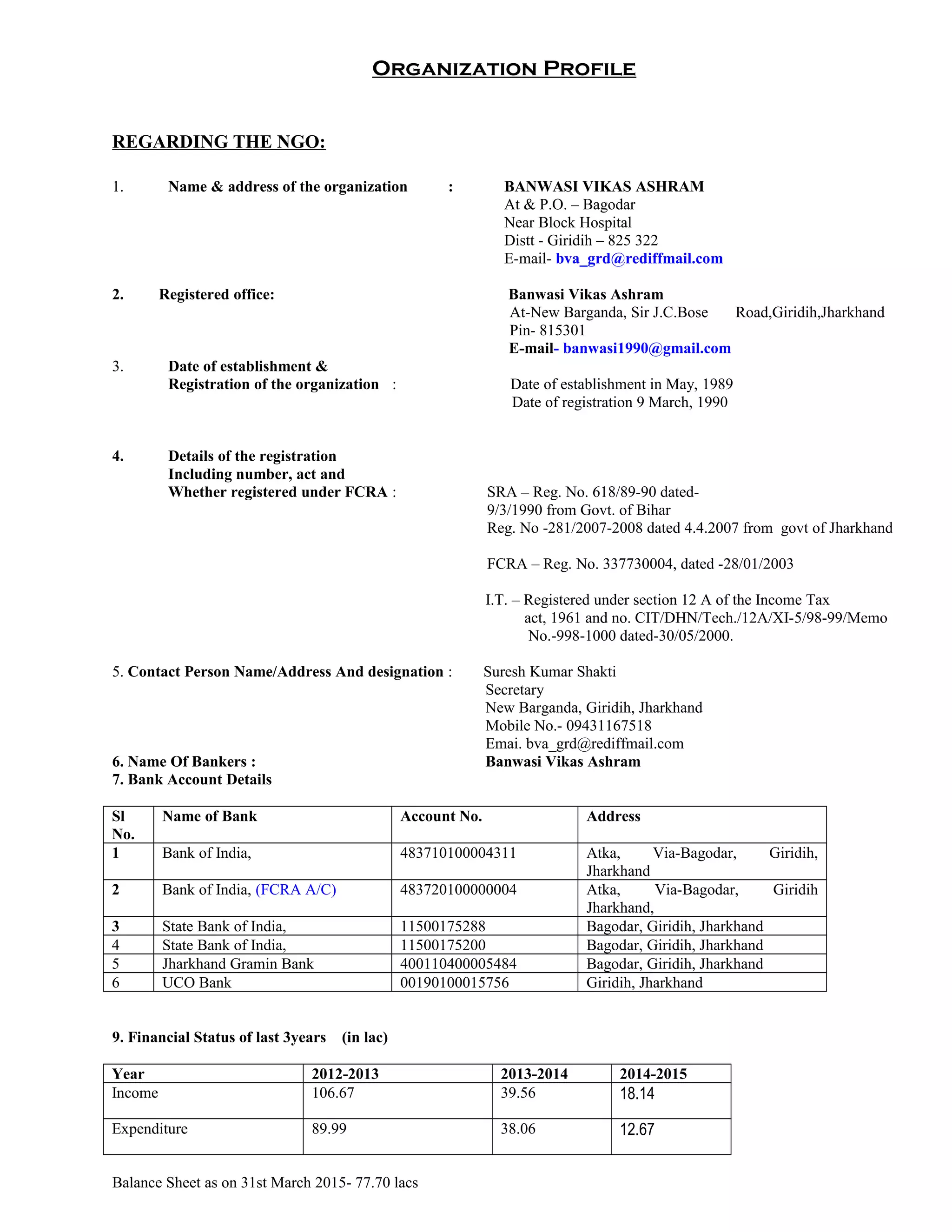 Organisation Profile Of Banwasi Vikas AShram | DOC
