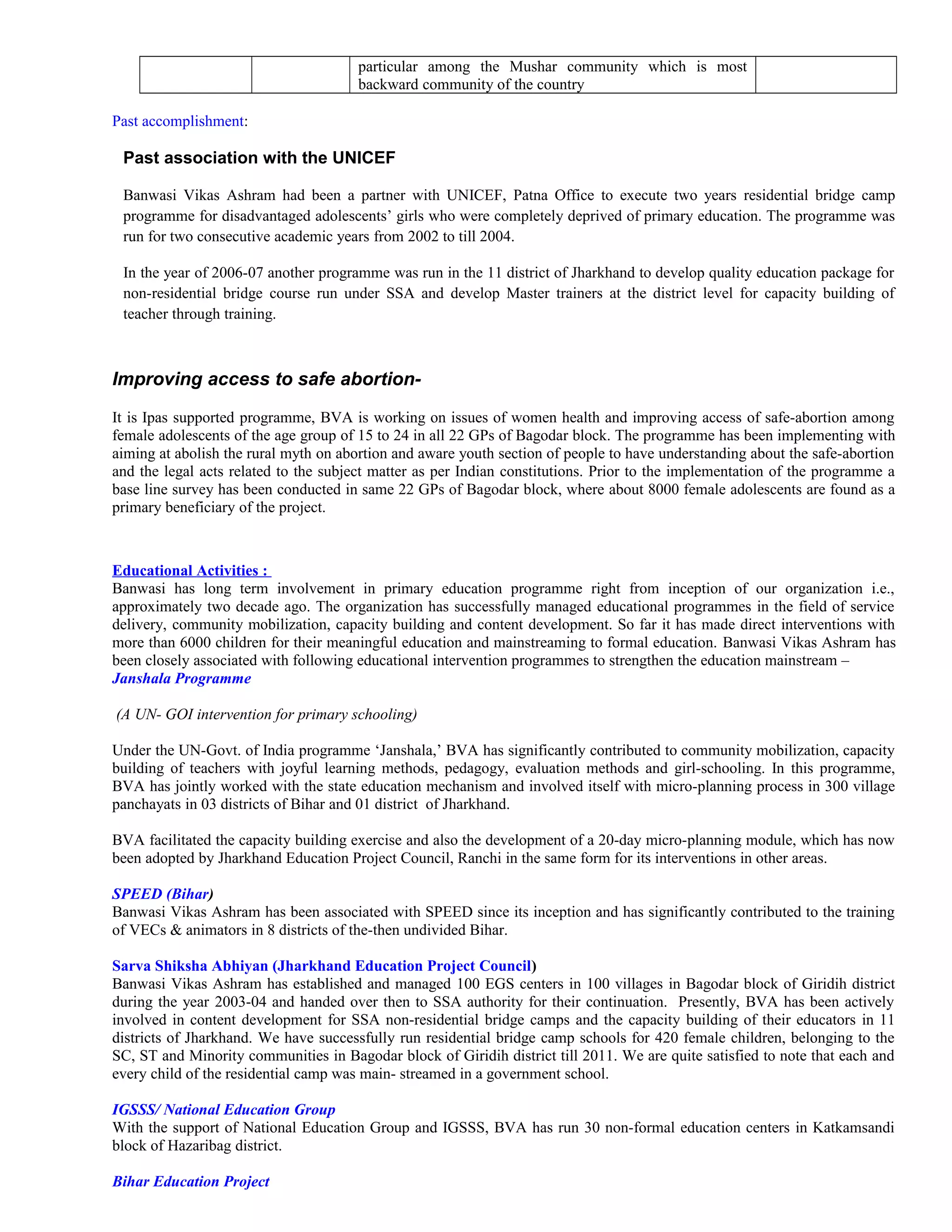 Organisation Profile Of Banwasi Vikas AShram | DOC