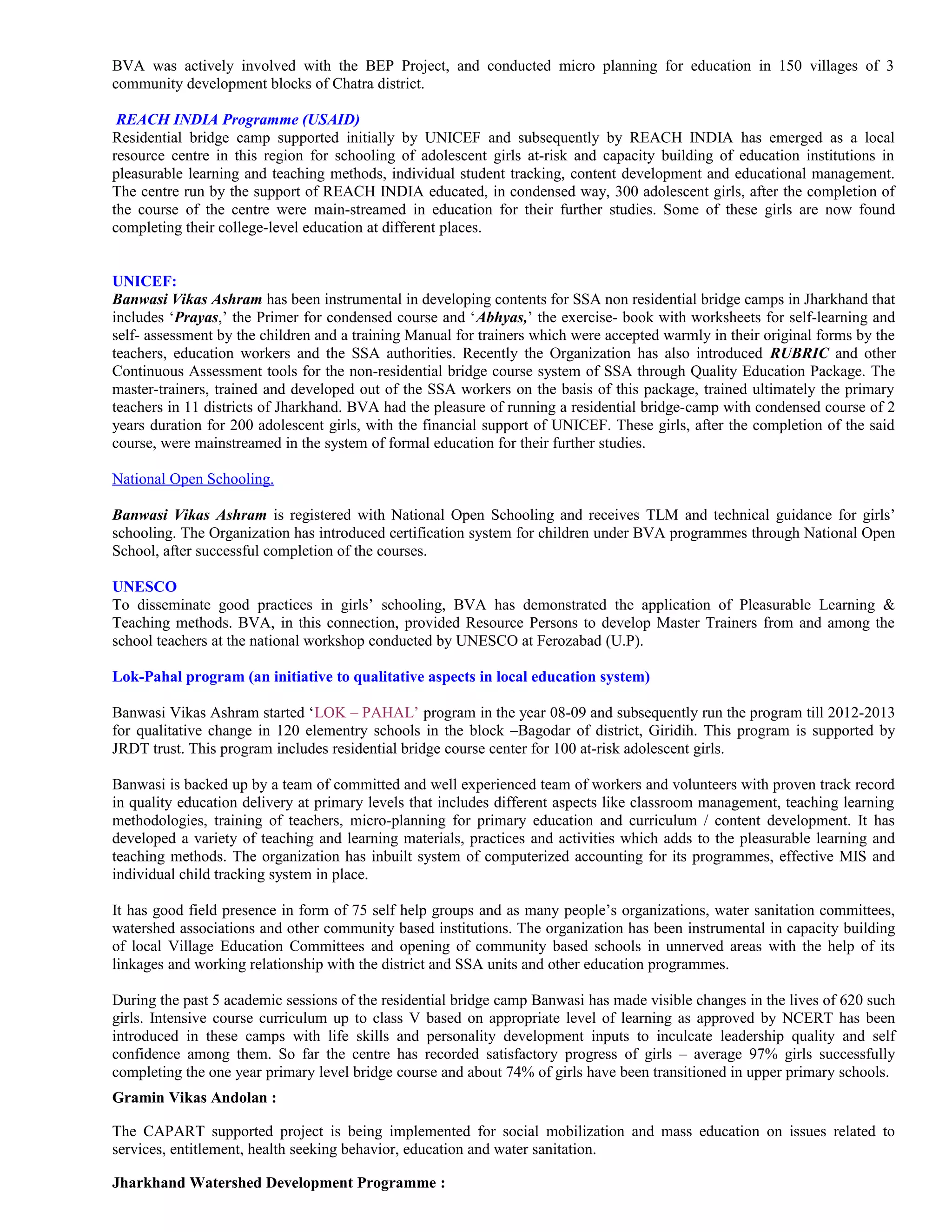 Organisation Profile Of Banwasi Vikas AShram | DOC