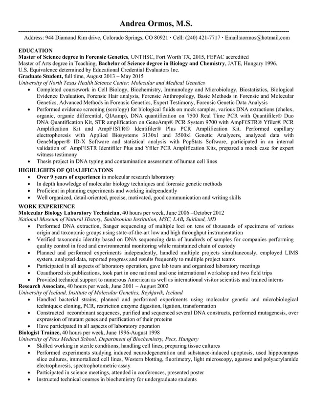 AndreaOrmosMS_Resume06042015 | PDF | Biological Sciences | Science