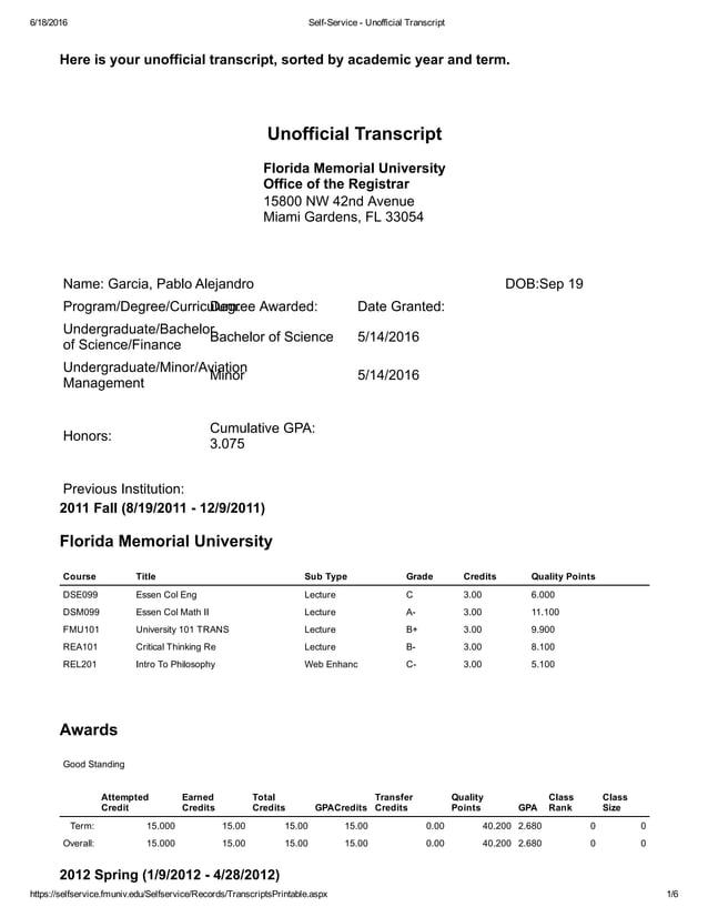 Self-Service - Unofficial Transcript 2015-2016 | PDF