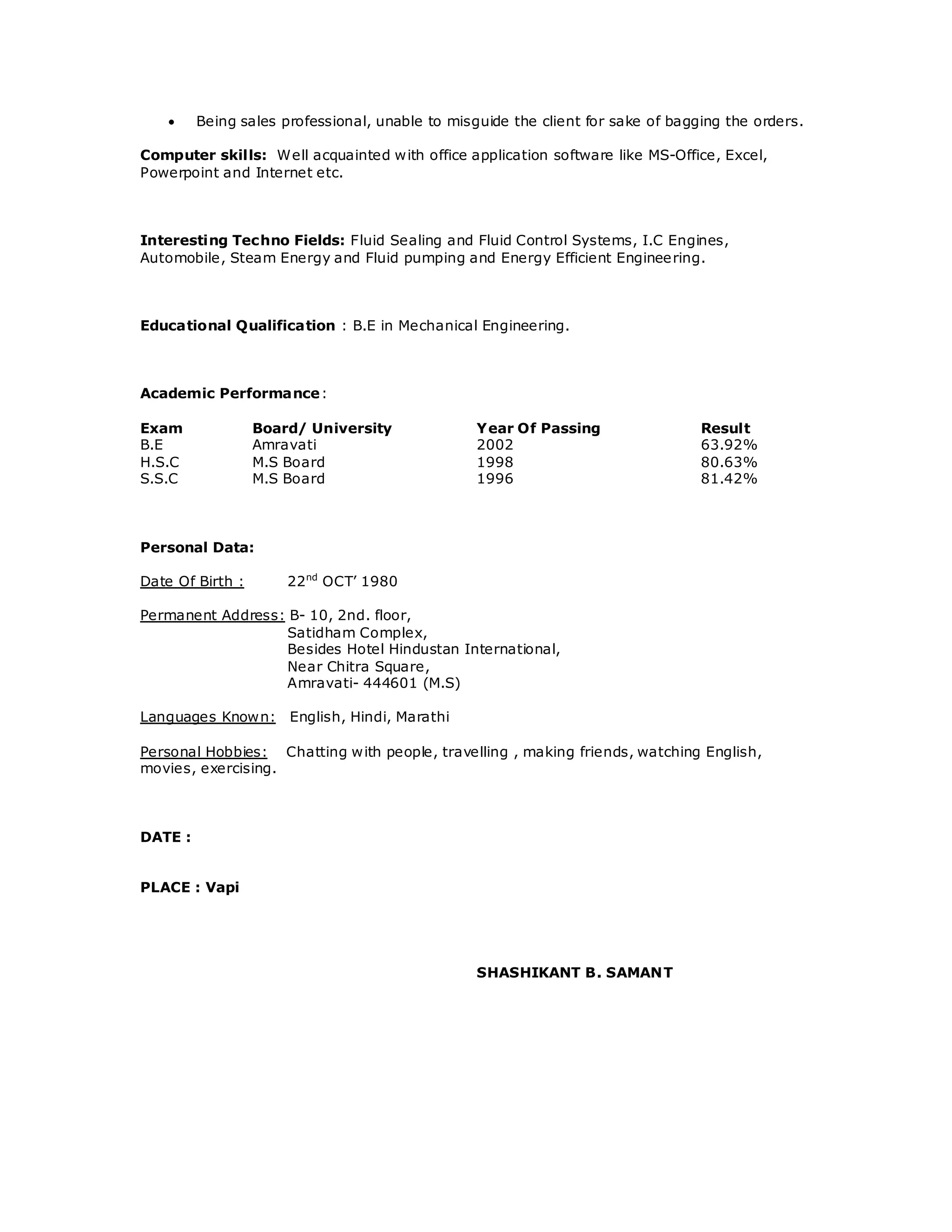 Career_Profile-_Shashikant_Samant | PDF