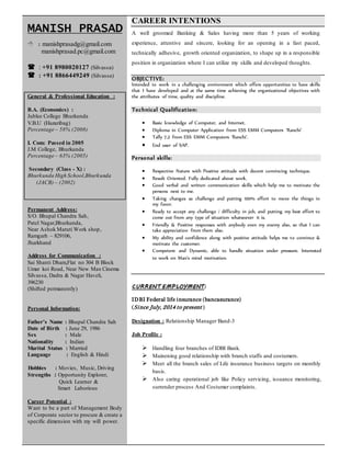 Manish idbifederal resume | DOCX | Life Insurance | Insurance