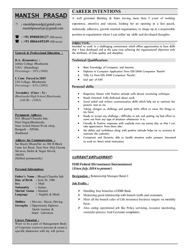 Manish idbifederal resume | PDF