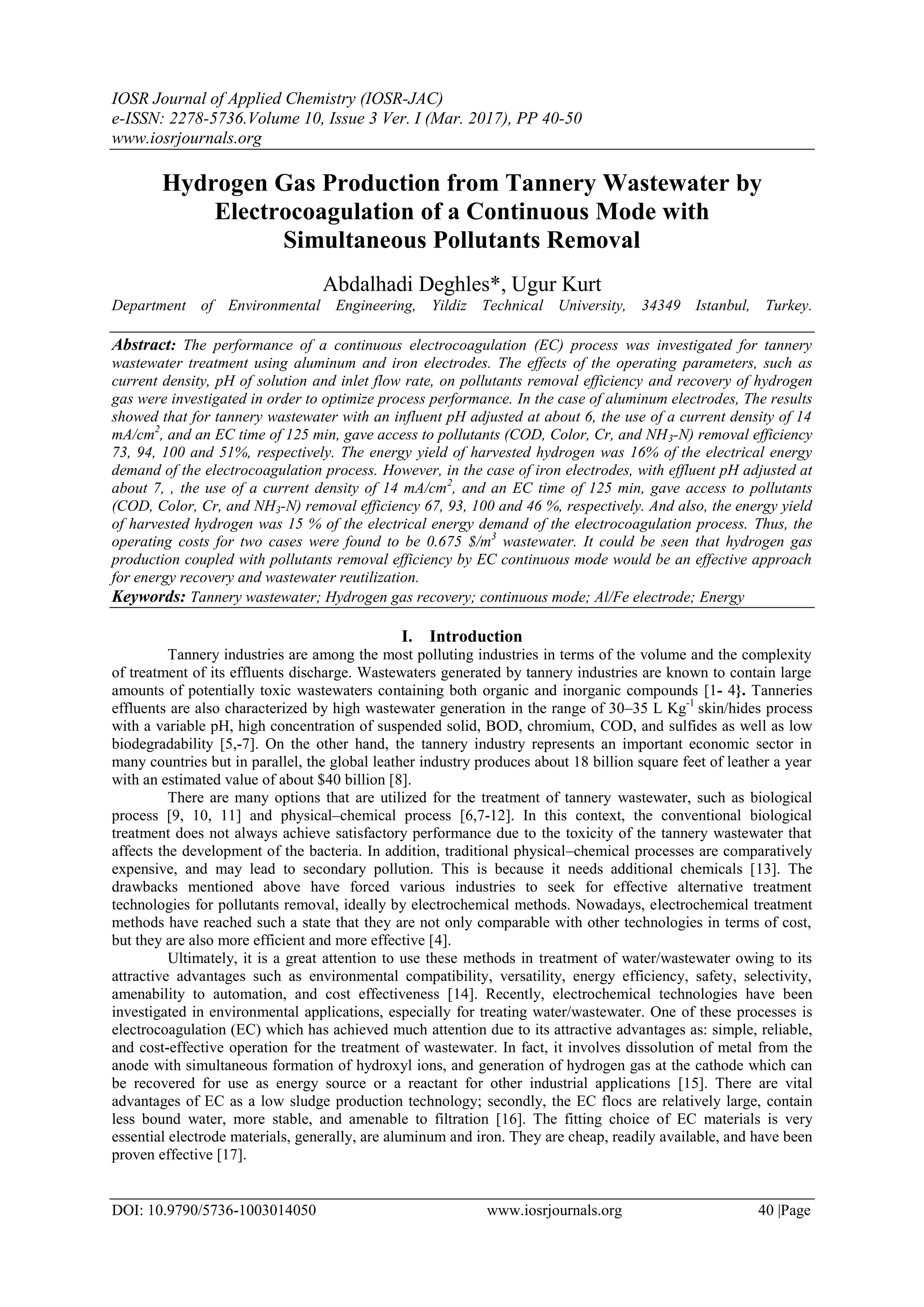 Hydrogen Gas Production from Tannery Wastewater by Electrocoagulation ...