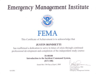 FEMA ICS 100 Certificate | PDF