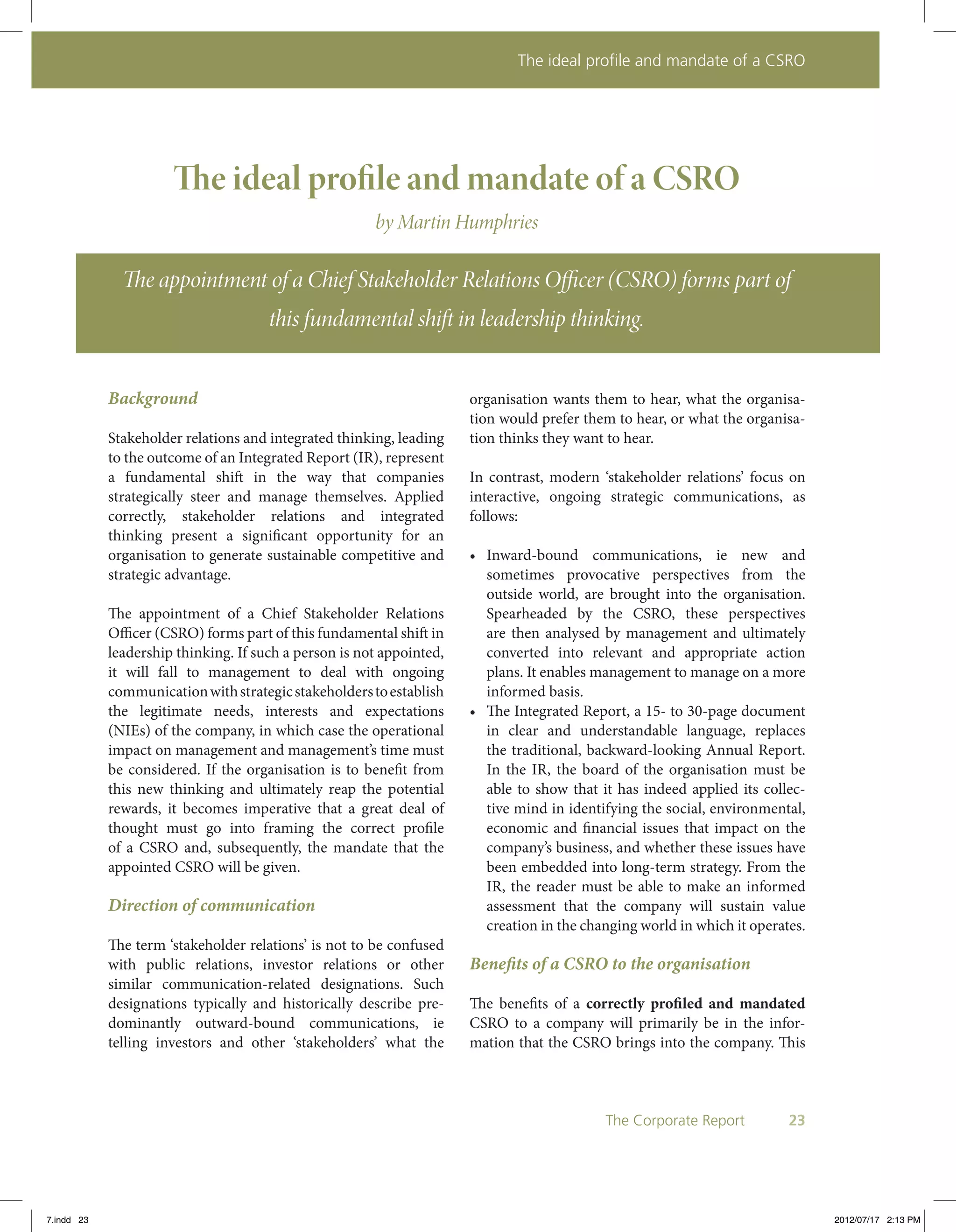 CSRO Profile and Mandate - Martin Humphries | PDF