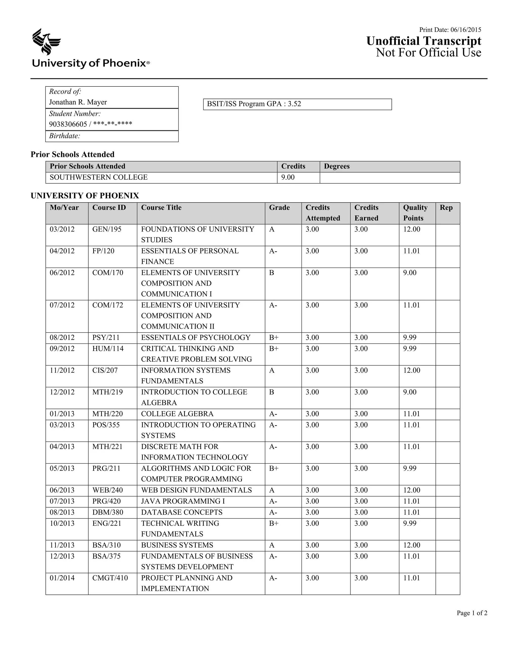 Jonathan Mayer - Unoffical Transcripts | PDF | Graduation | Personal ...