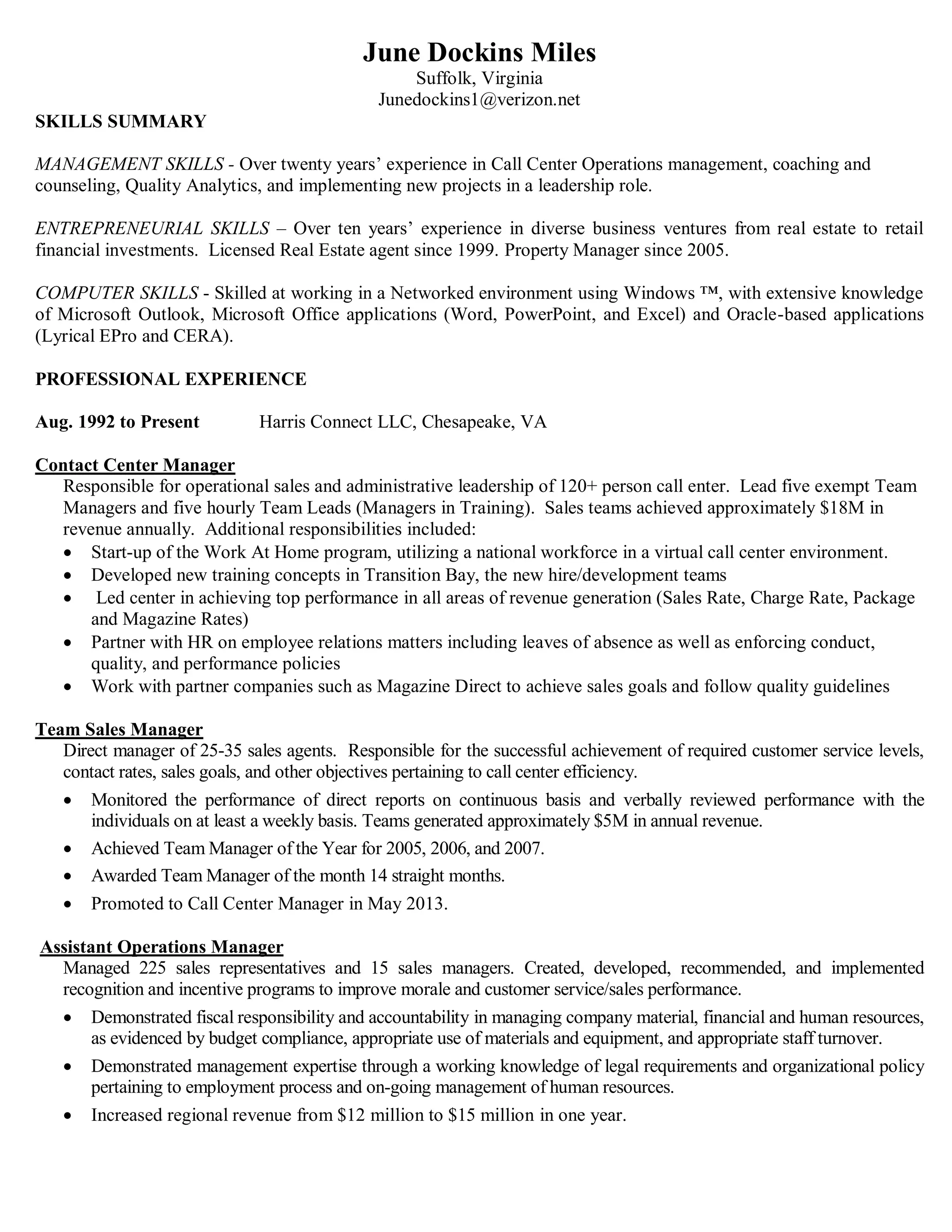 June Dockins Miles Resume 2016 HR | PDF