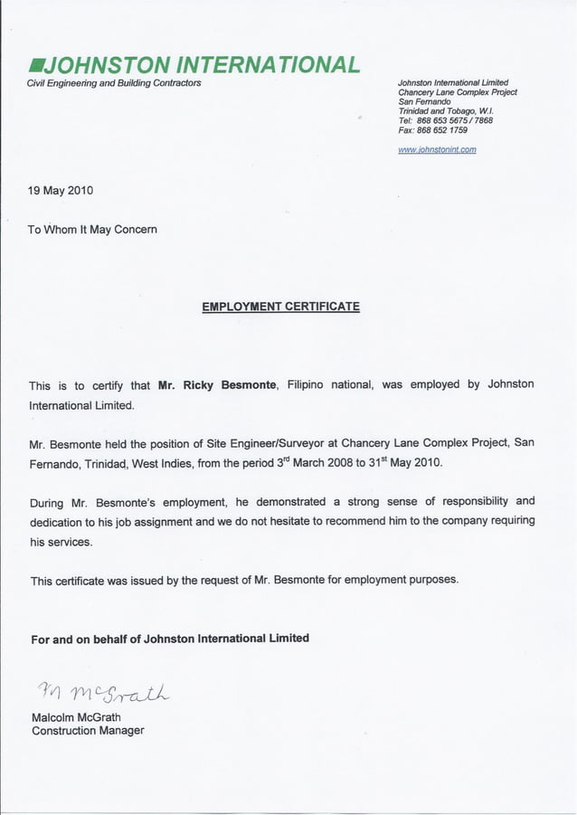 Employment Certification JOHNSTON | PDF