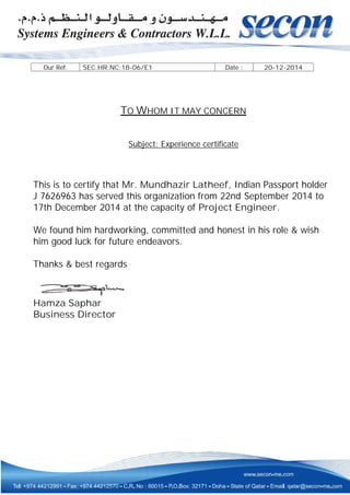 Experience Letter_SECON | PDF