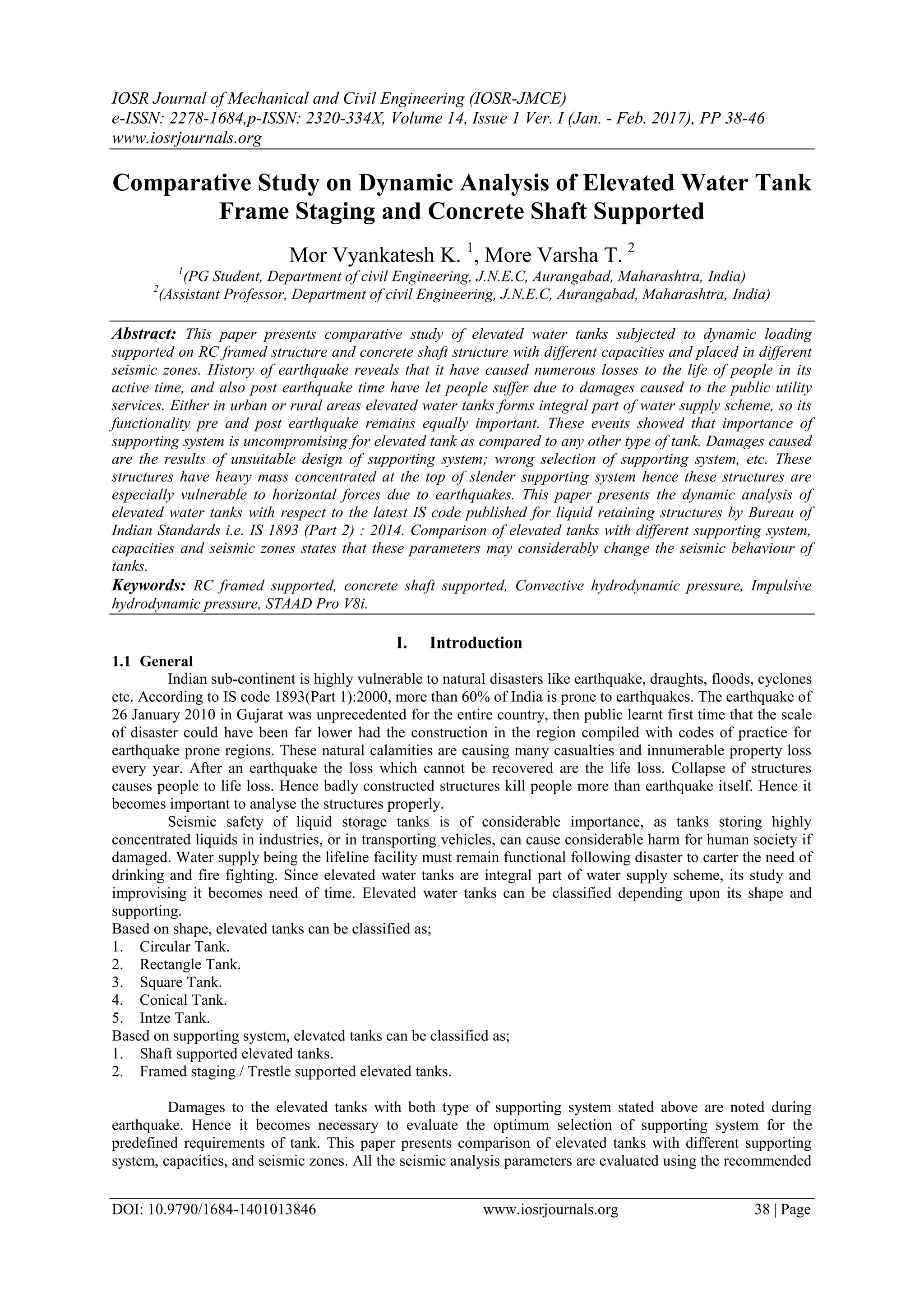 Comparative Study on Dynamic Analysis of Elevated Water Tank Frame ...