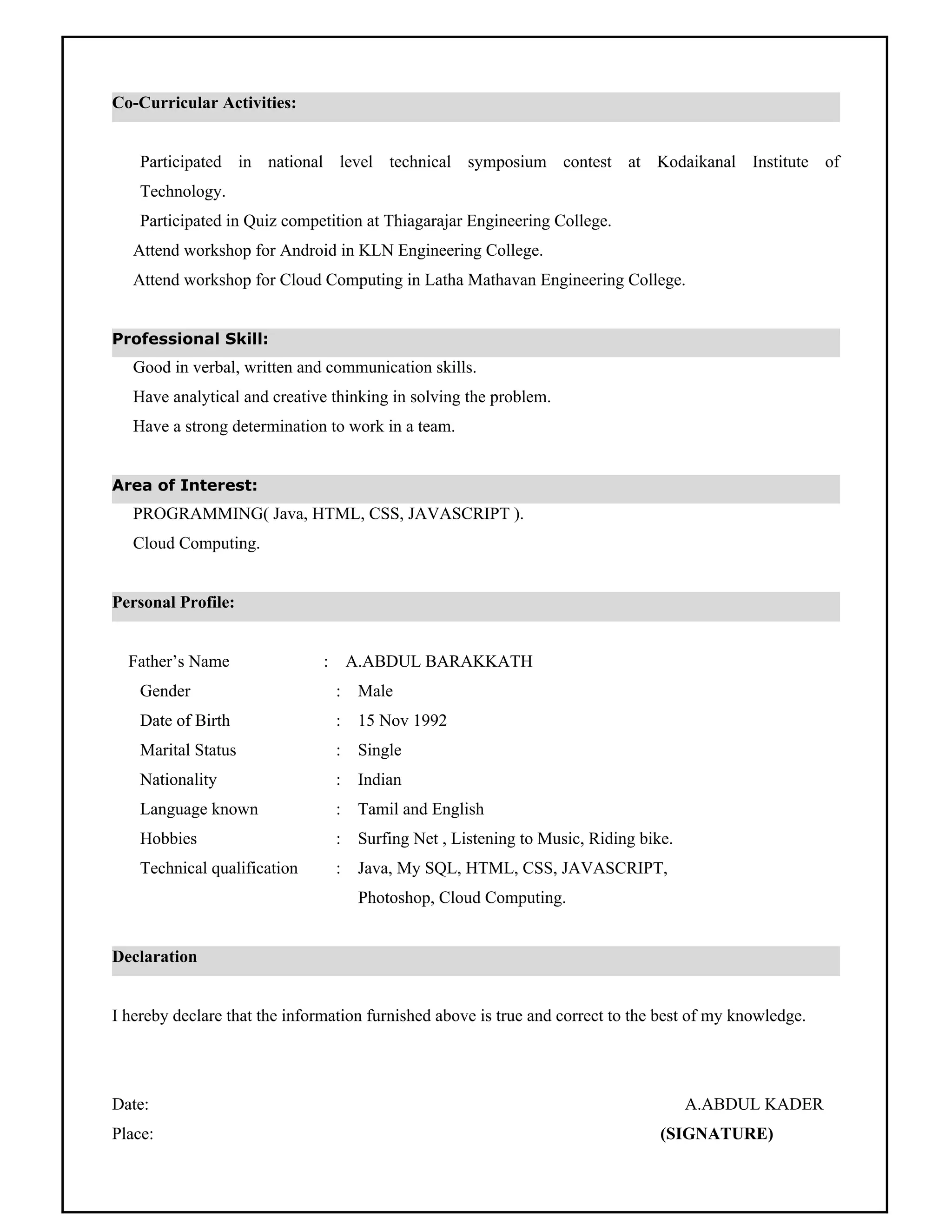 Abdul Kader Resume | PDF