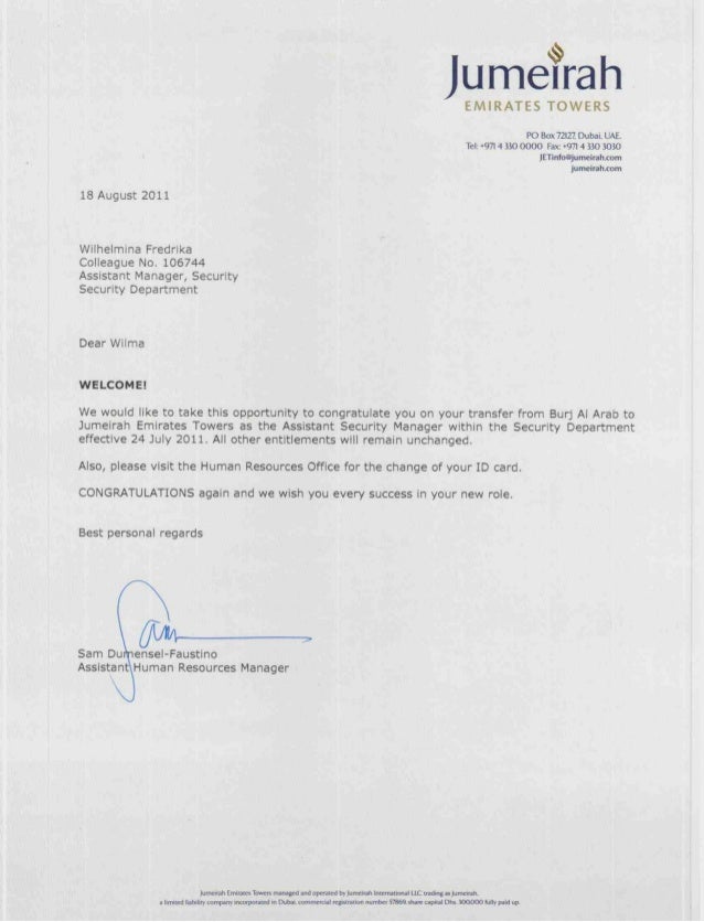 Letter of Emirates Towers Hotel
