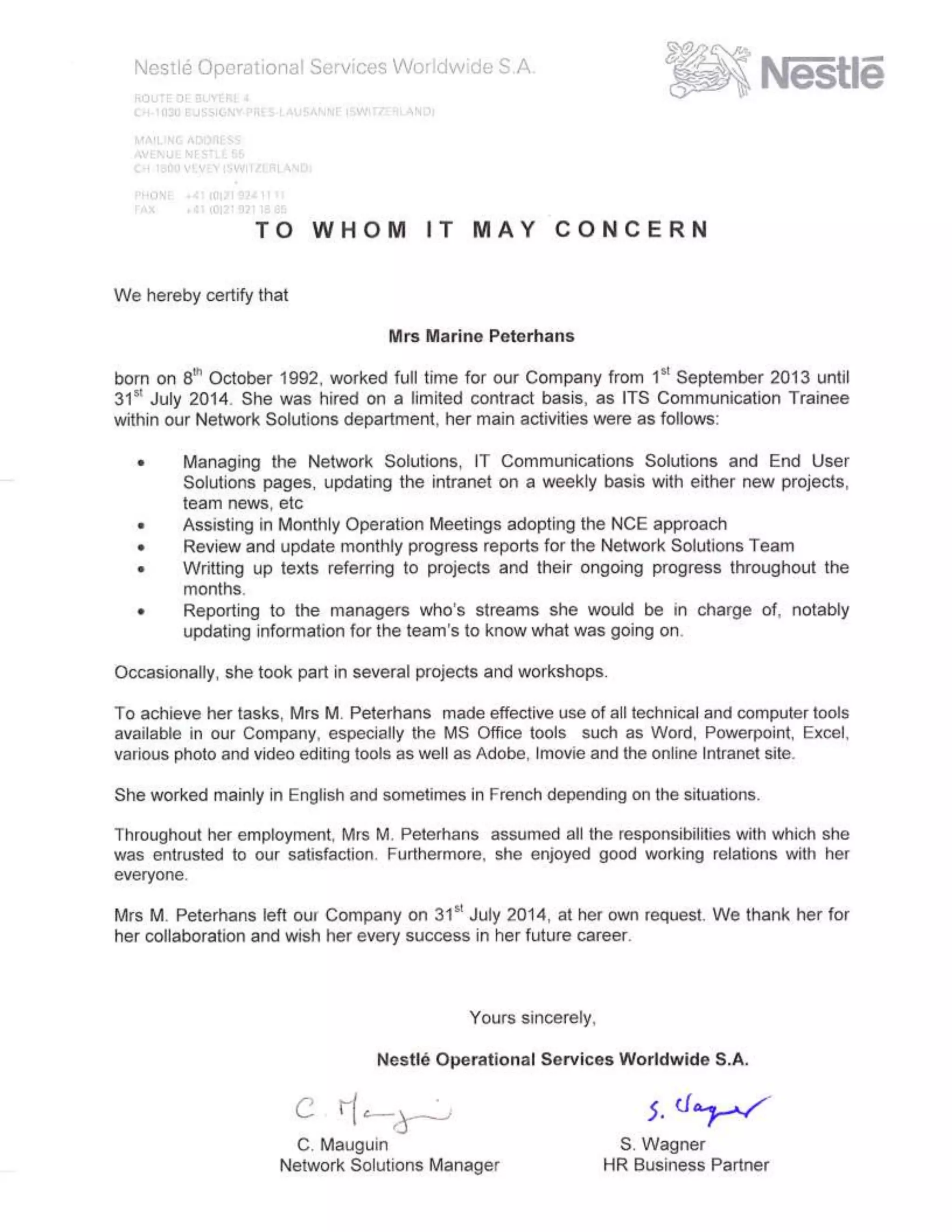 Reccomendation Letter Nestle | DOCX