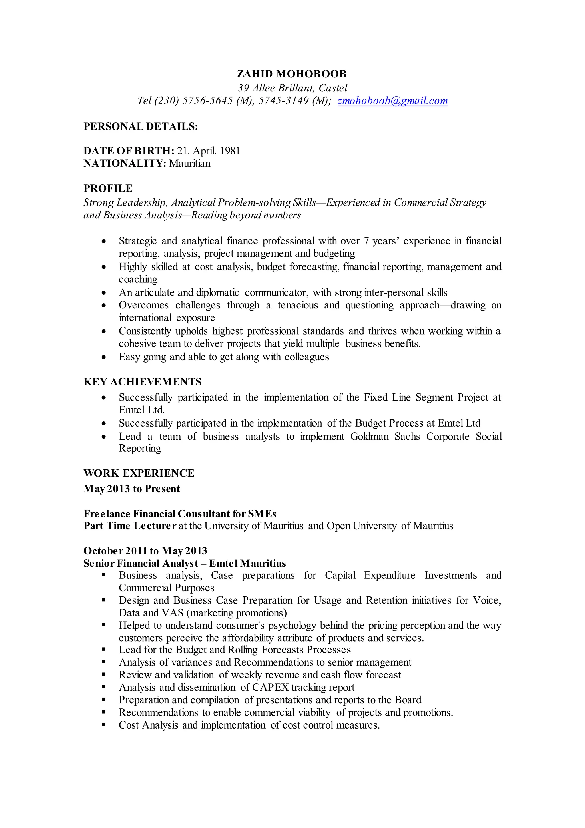 CV Zahid Mohoboob 2015 | PDF