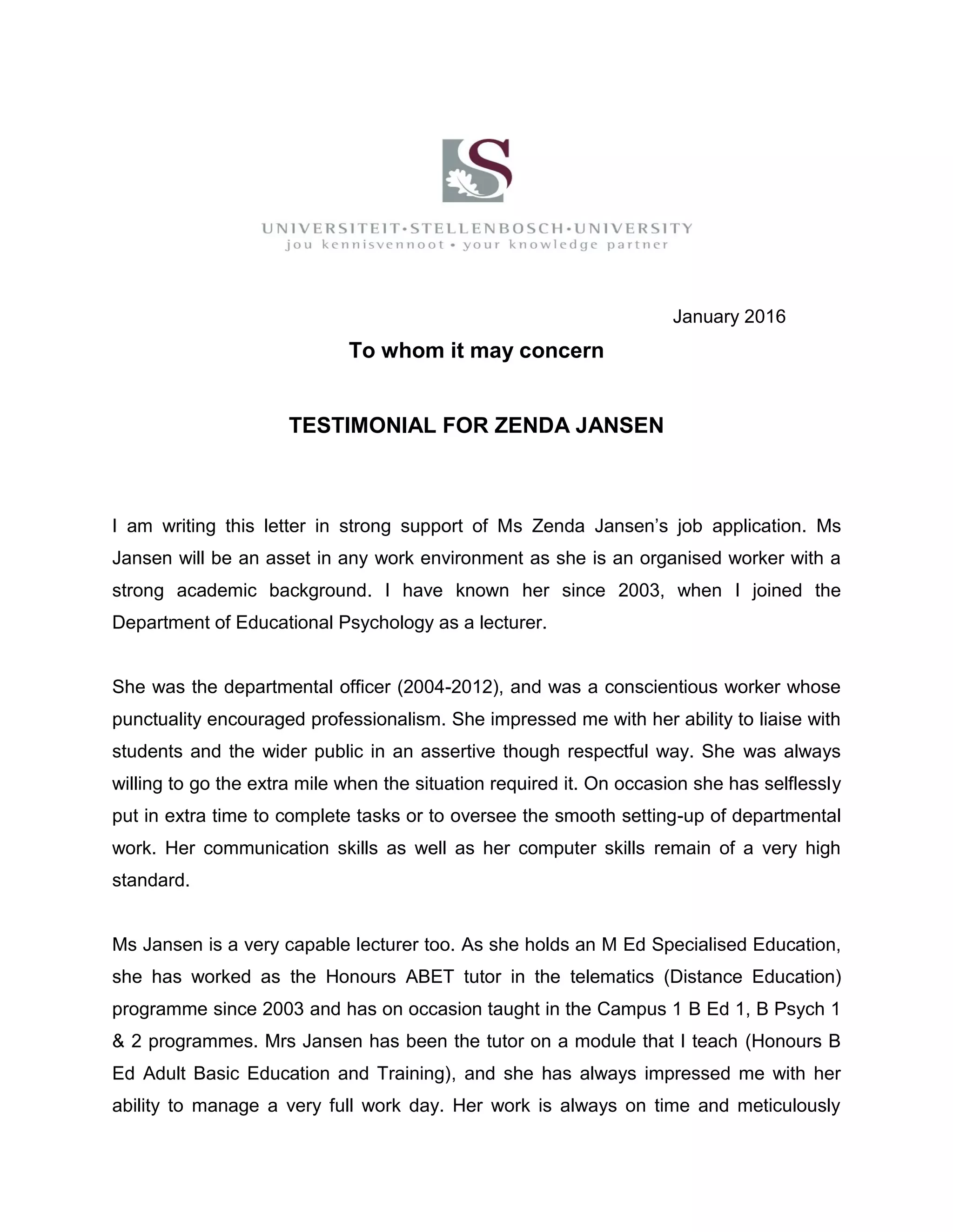 Reference Letter Z Jansen_DD_2016 | PDF
