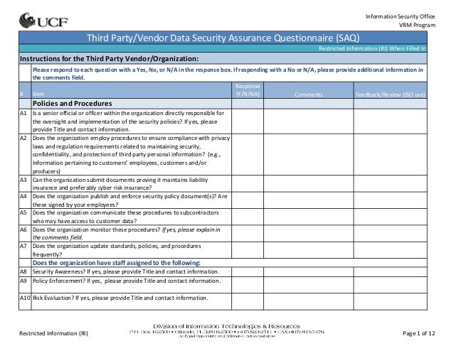 Third party datasecurity assurance questionnaire