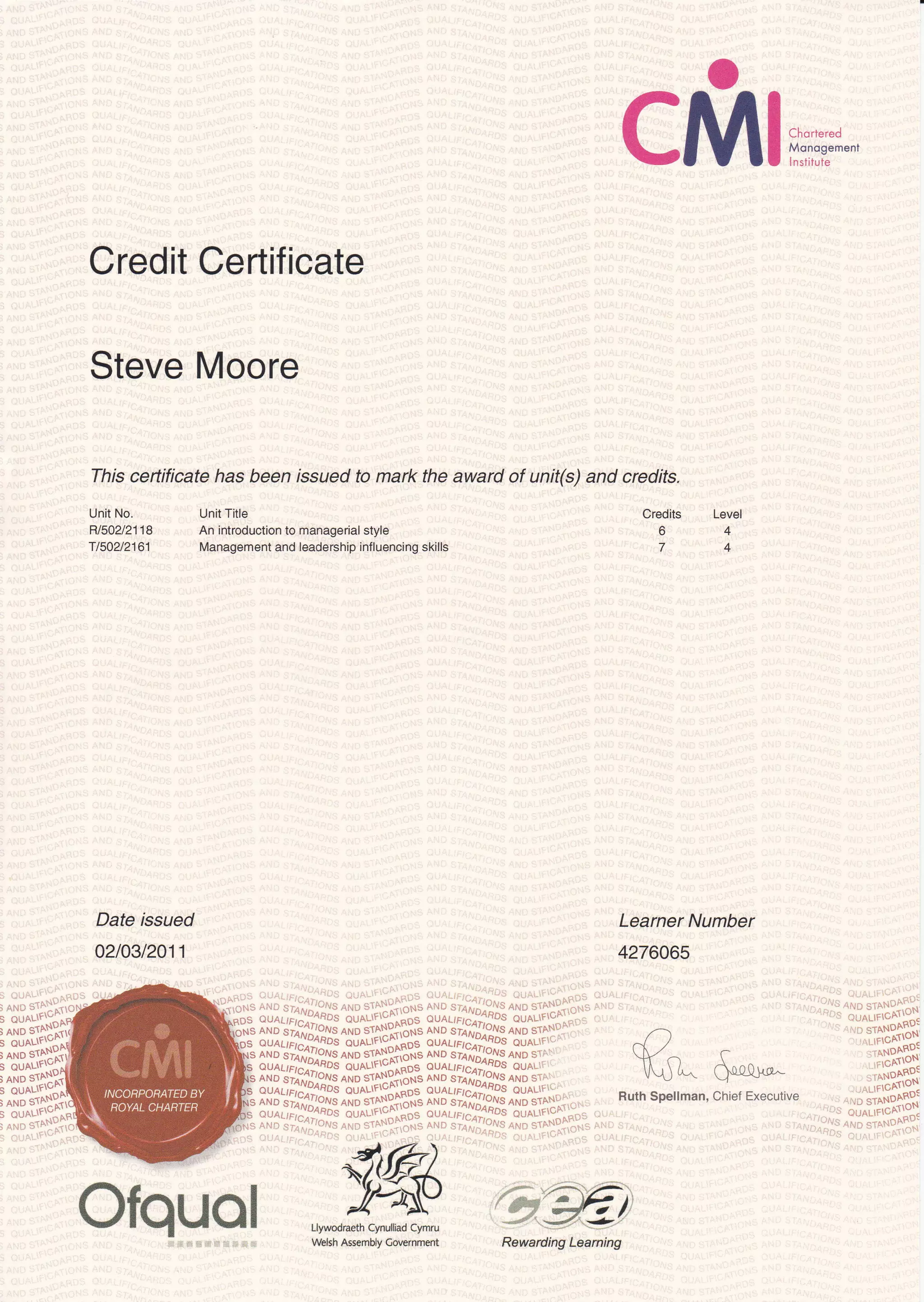 Credit Certificate for Steve Moore Awarding 7 Credits for Management ...