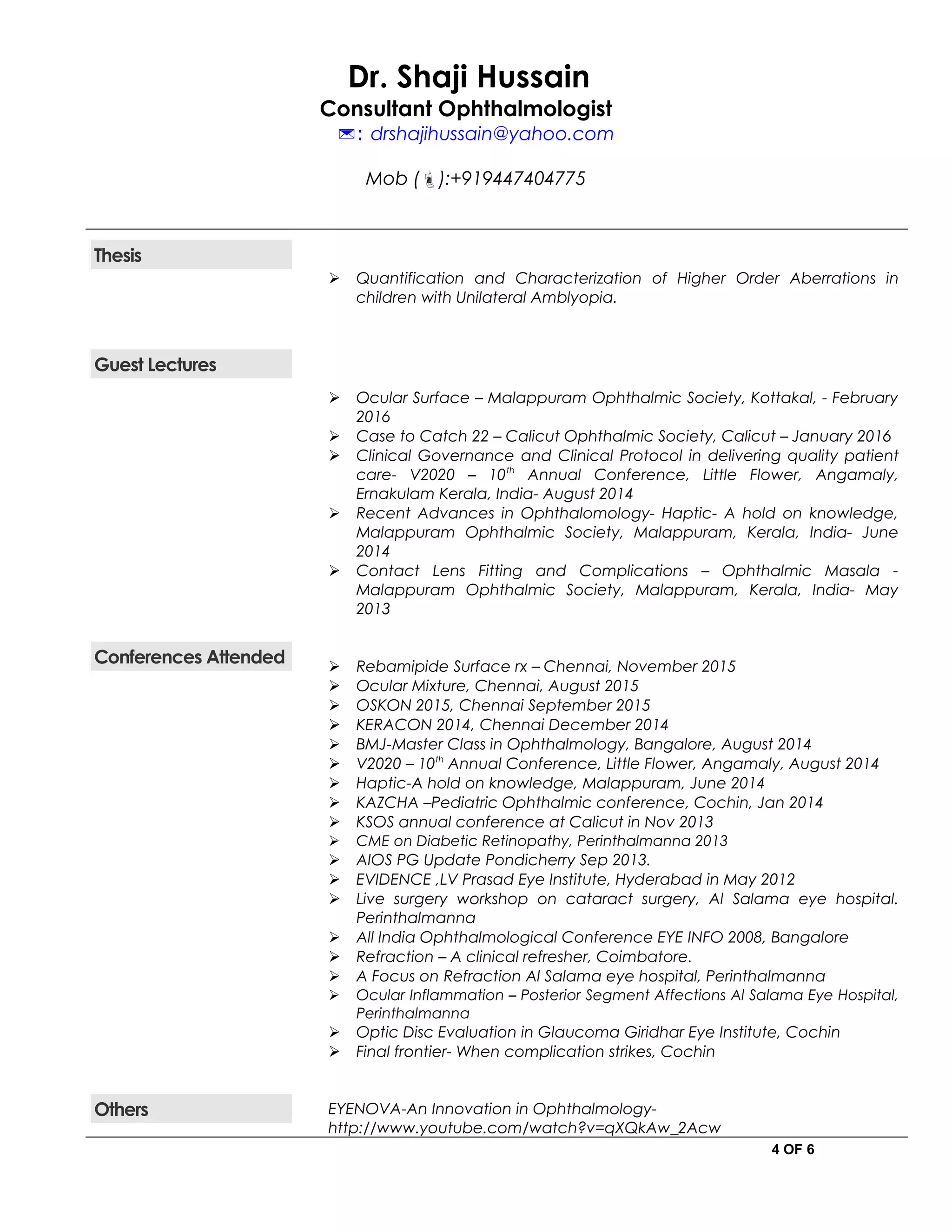 shaji cv nov 15 | DOC | Eye and Vision Conditions | Diseases and Conditions