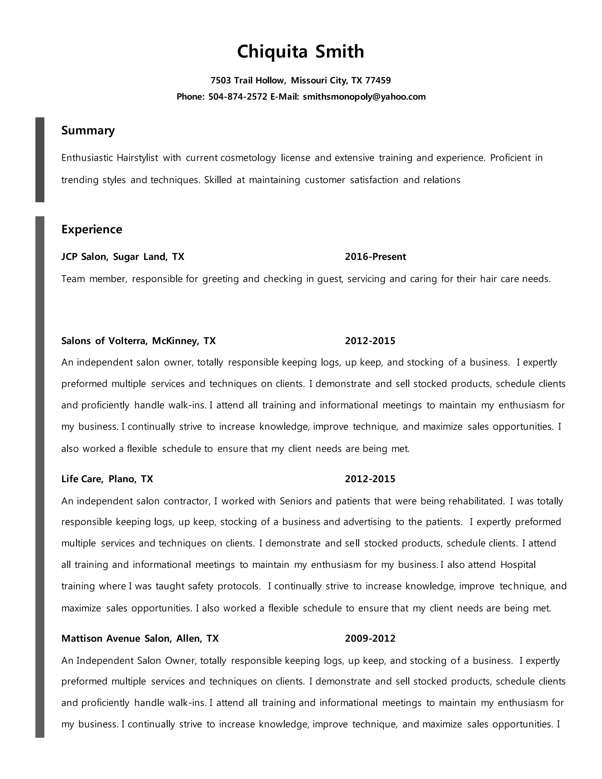 Chiquita's Resume | DOCX | Beauty | Style & Fashion