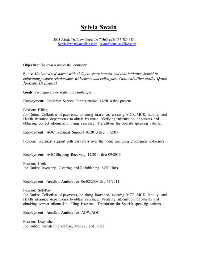 Sylvia Swain resume | DOCX | Insurance | Personal Finance