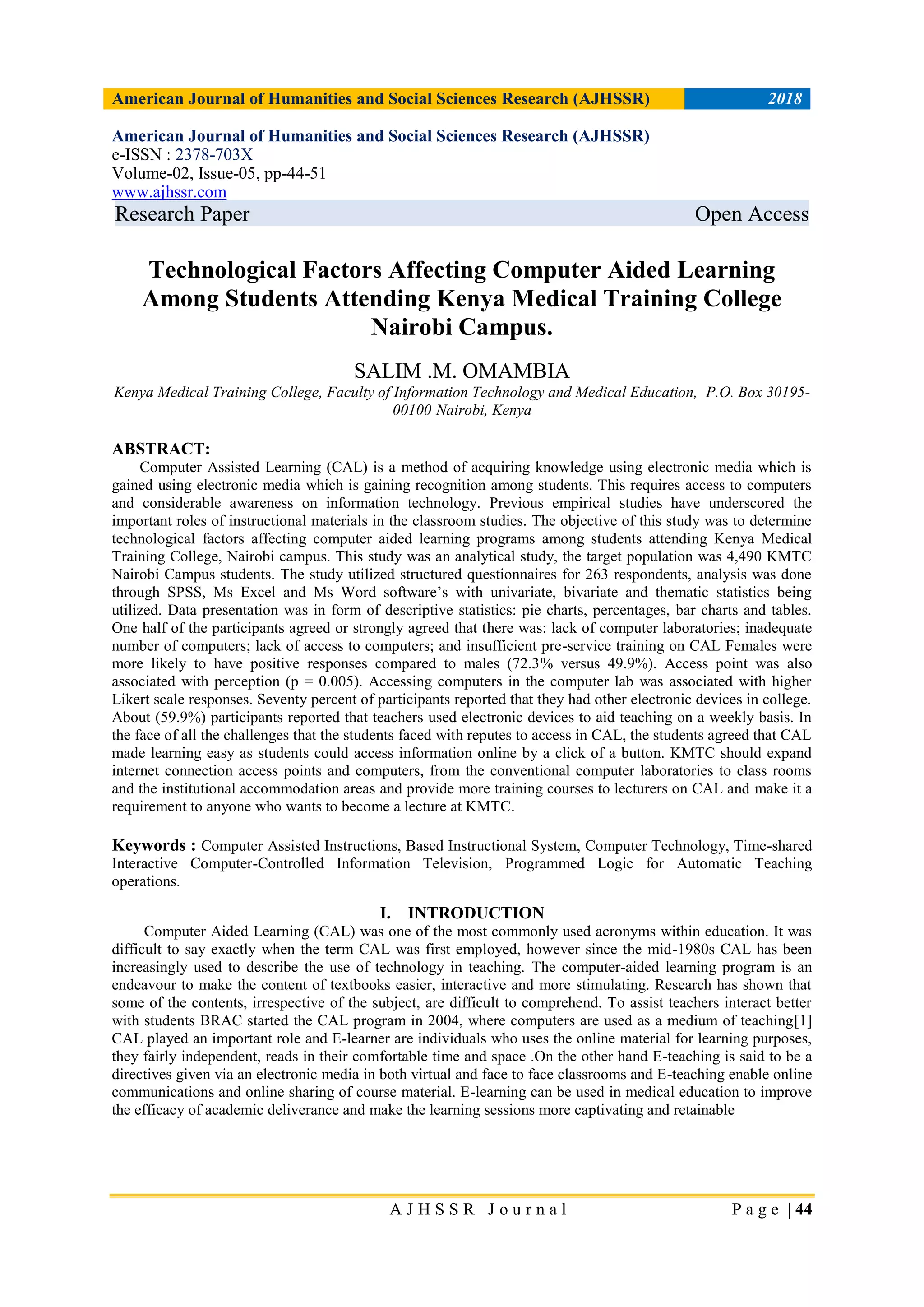 Technological Factors Affecting Computer Aided Learning Among Students Attending Kenya Medical ...