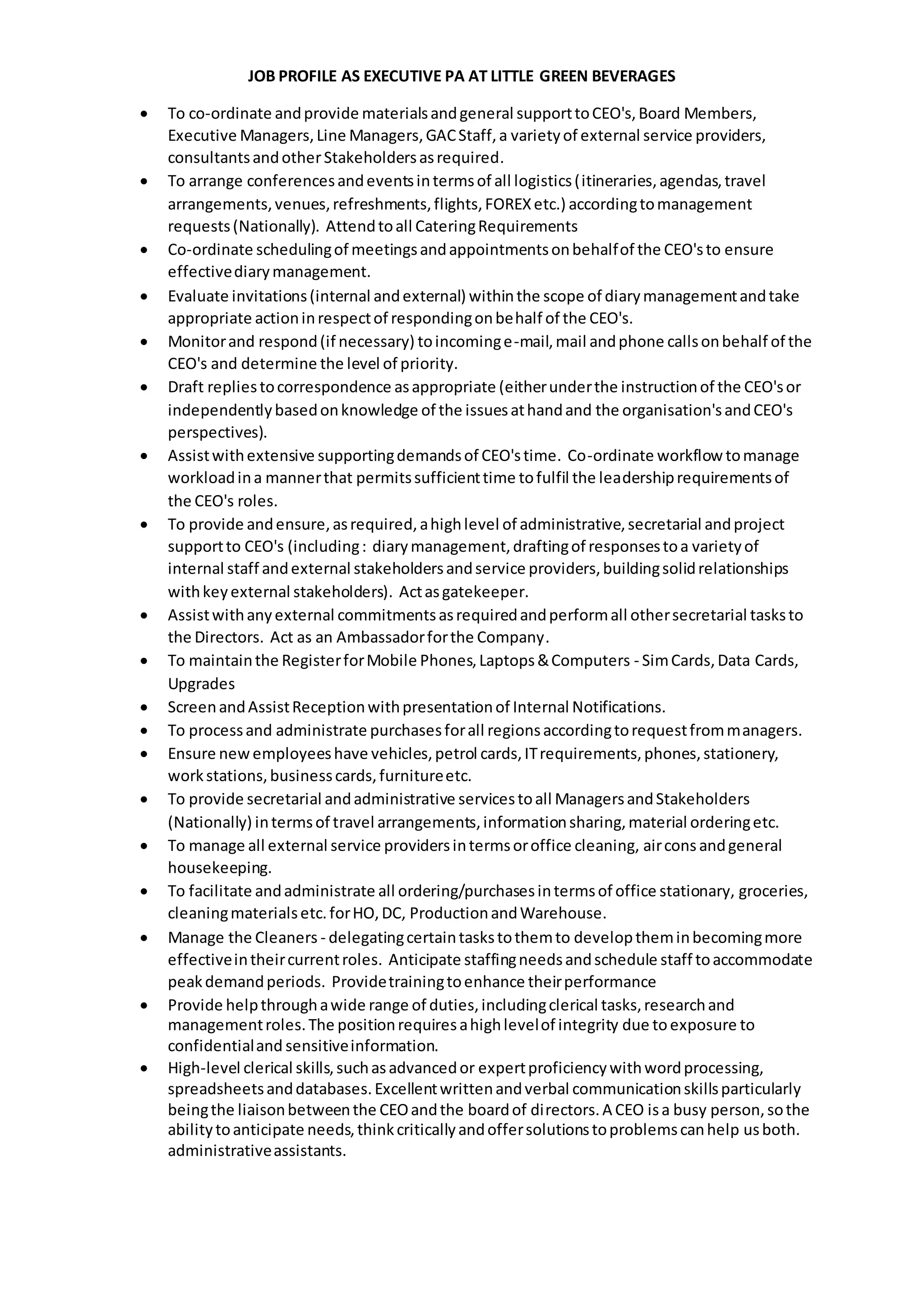 JOB PROFILE AS EXECUTIVE PA AT LITTLE GREEN BEVERAGES | PDF