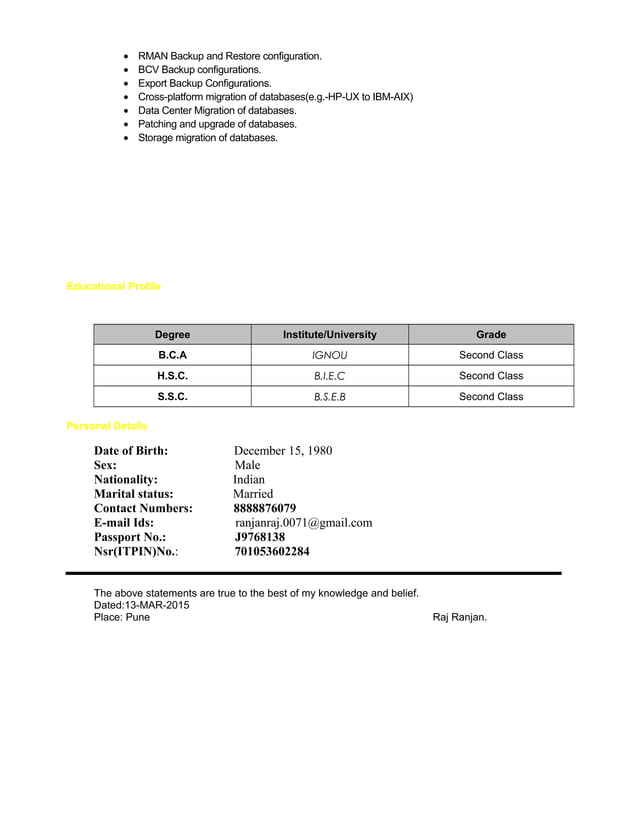 Raj_Ranjan_Oracle_DBA | DOC | Databases | Computer Software and Applications