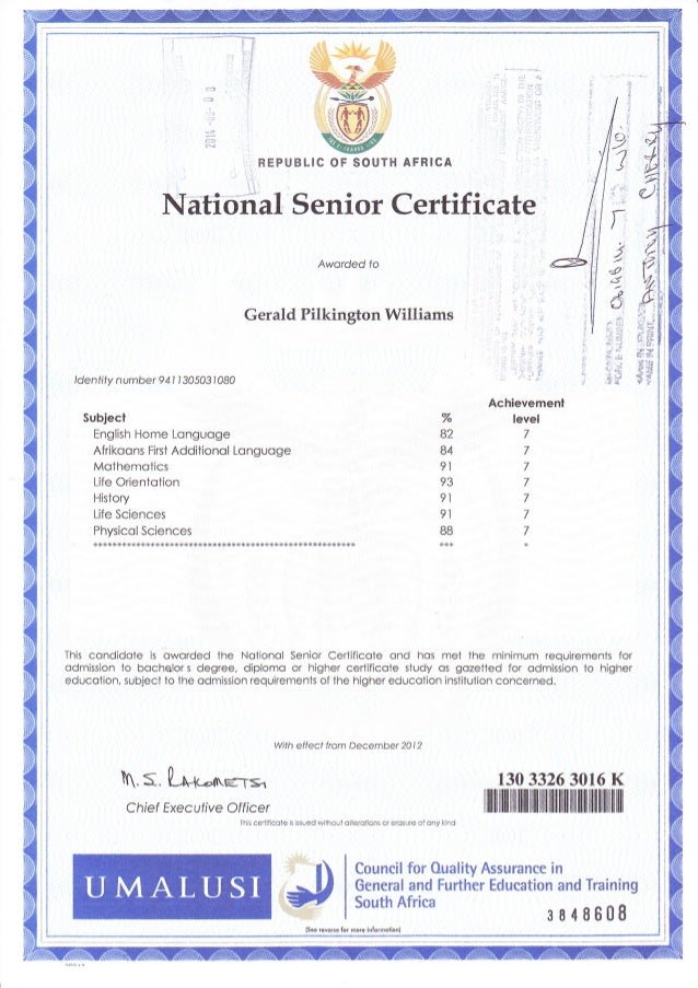 Certified Matric certificate