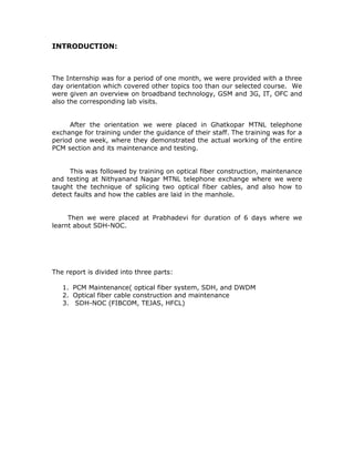 Project Report on Optical Fiber Cables and Systems (MTNL Mumbai) | PDF