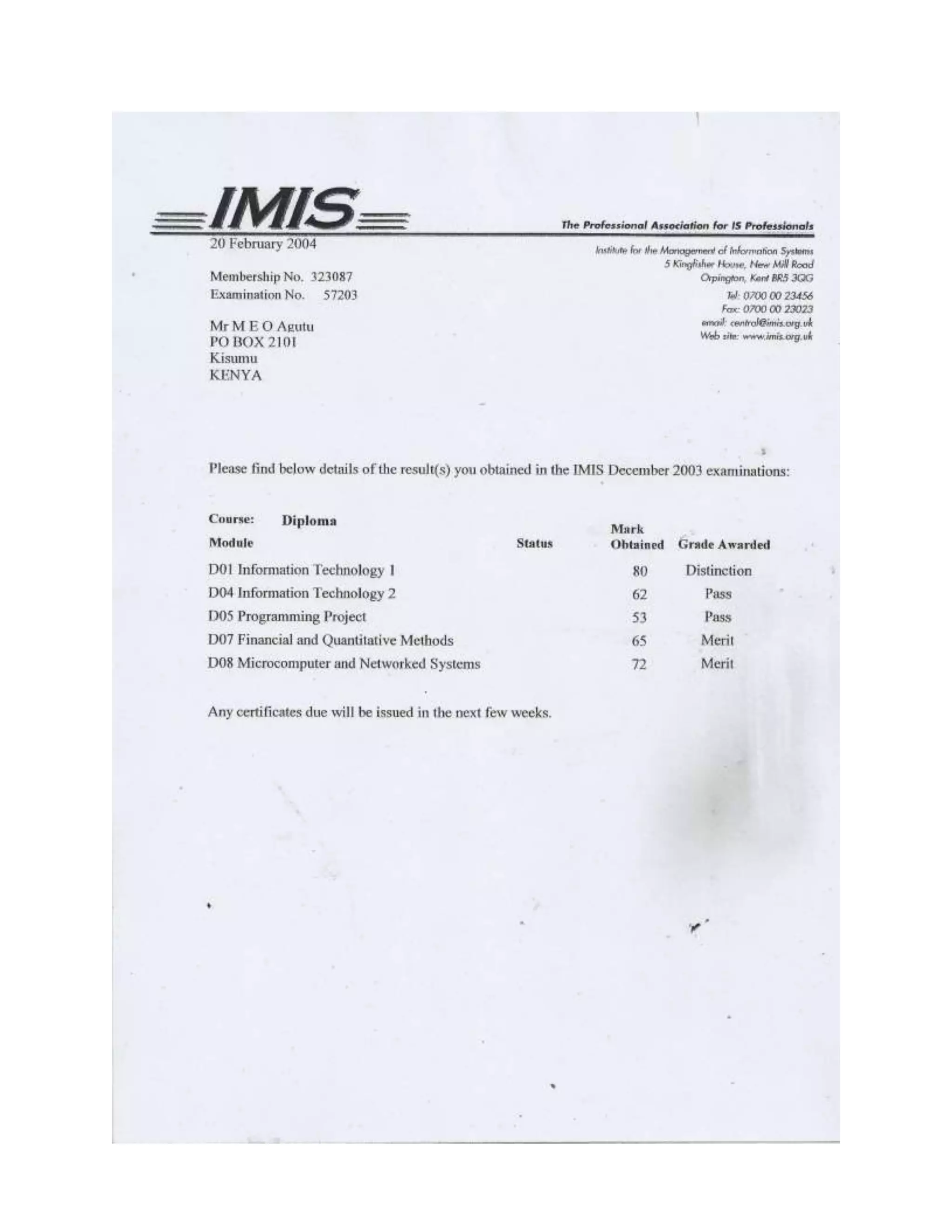 IMIS Diploma Results Slip | DOCX
