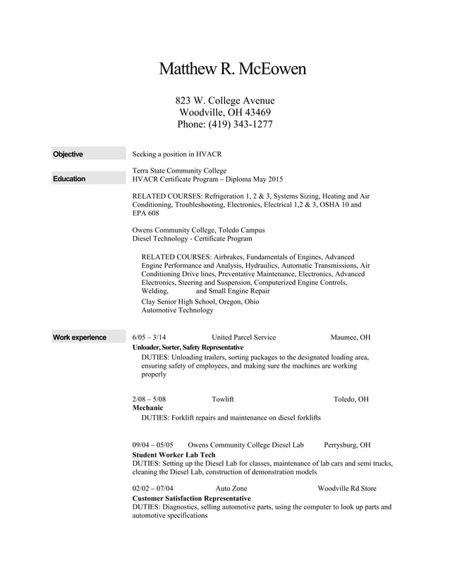 Resume of Matthew McEowen | DOC | Auto Repair | Automotive